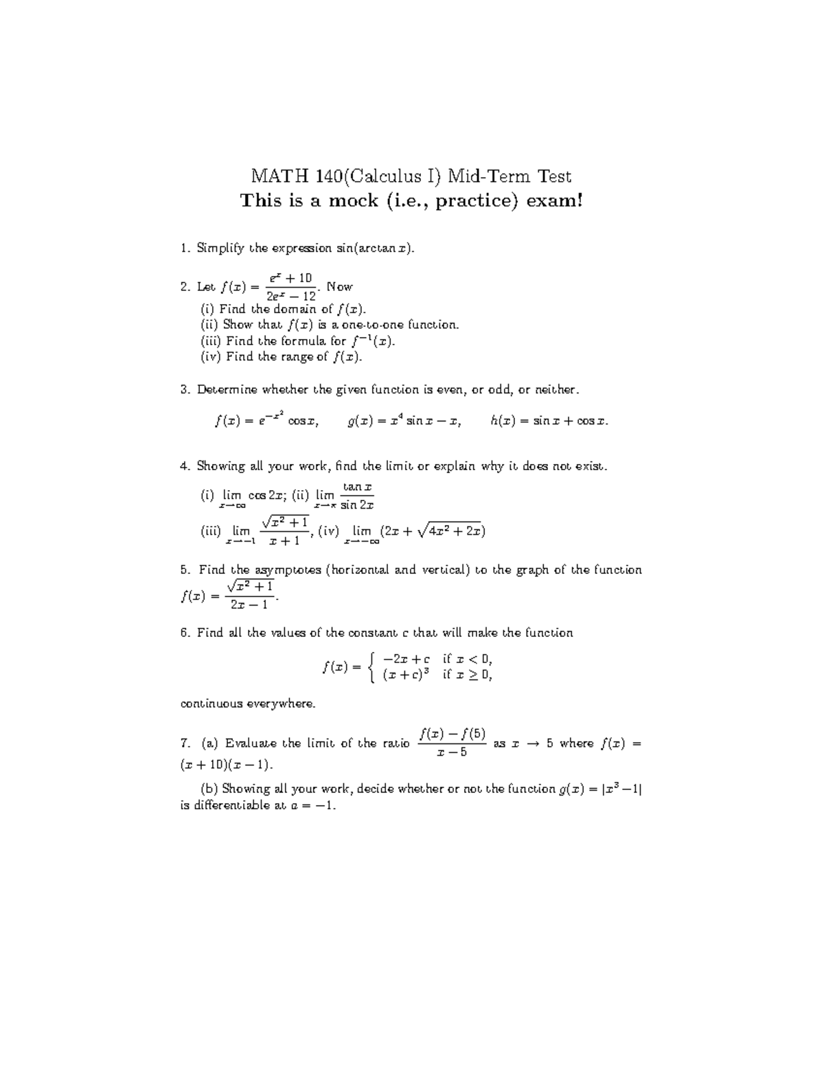 Mock140 - Mock exam1 - MATH 140(Calculus I) Mid-Term Test This is a ...