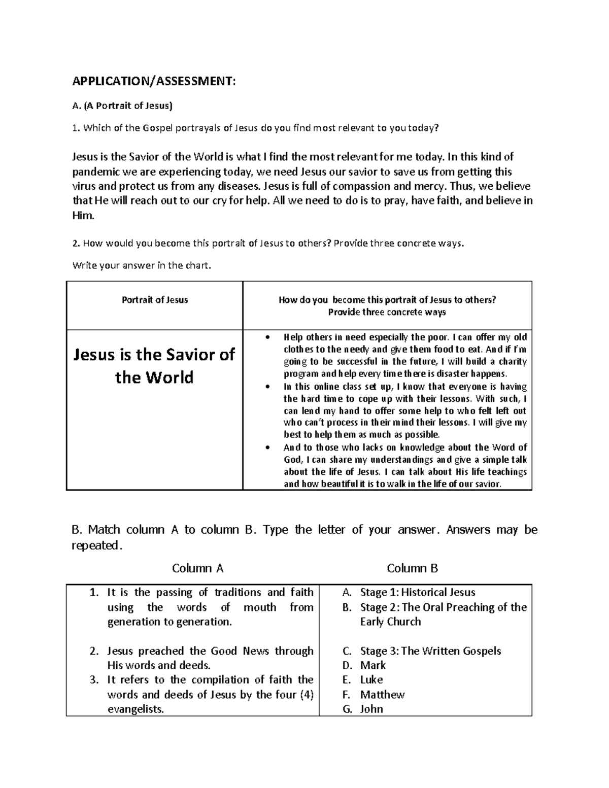 Religion - A Portrait of Jesus - Application / Assessment - APPLICATION ...