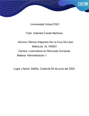 Proyecto Modular Administración I - UNIVERSIDAD CNCI VIRTUAL Materia: Administración I Nombre ...
