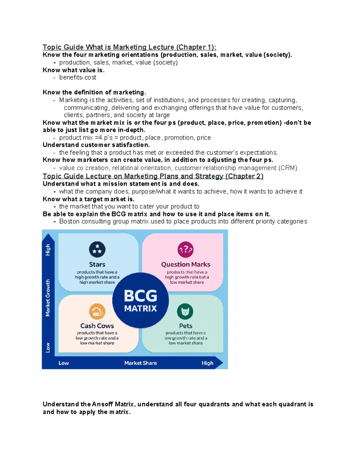Exam 1 Marketing - Topic Guide What is Marketing Lecture (Chapter 1 ...