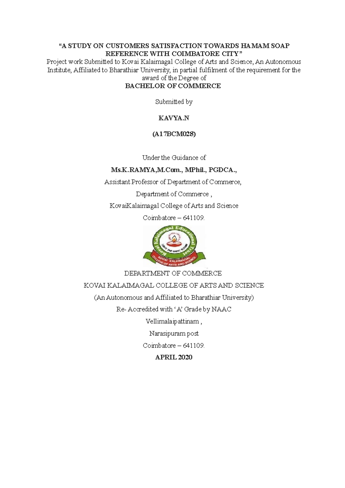 Kavya project crt - “A STUDY ON CUSTOMERS SATISFACTION TOWARDS HAMAM ...