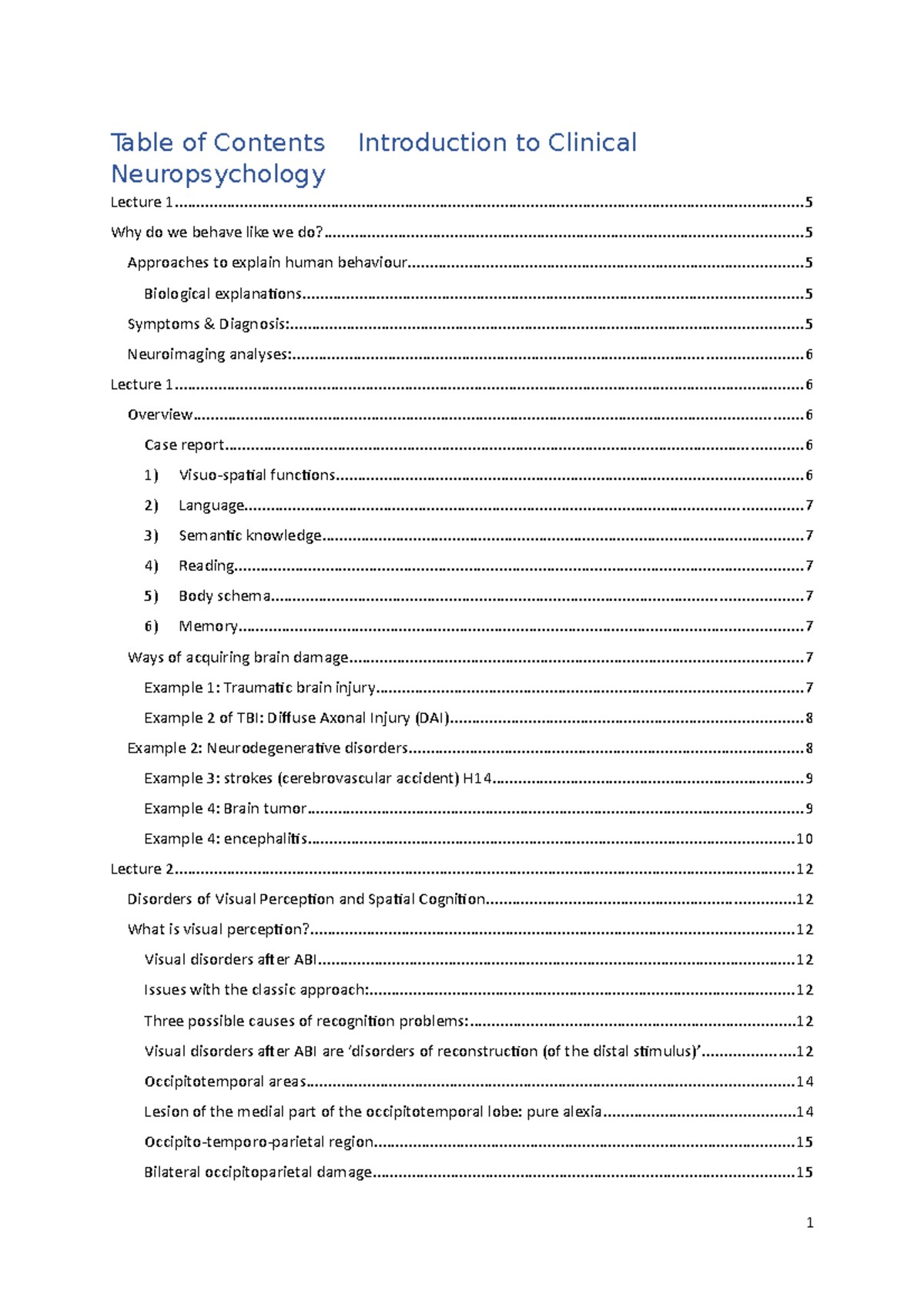 Lectures Introduction to clinical neuropsychology - Table of Contents ...