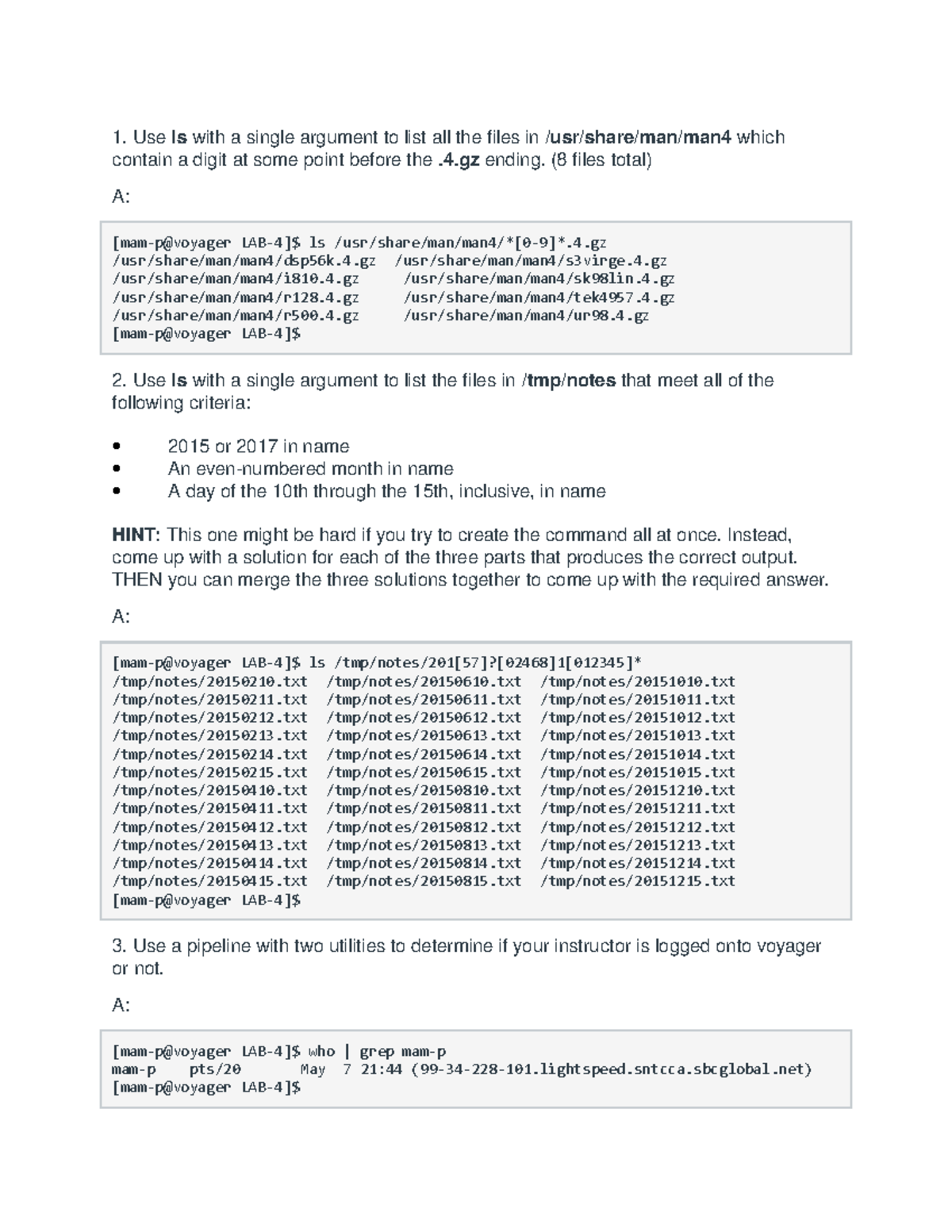 LAB Exercise #4 Solutions - 1. Use ls with a single argument to list ...