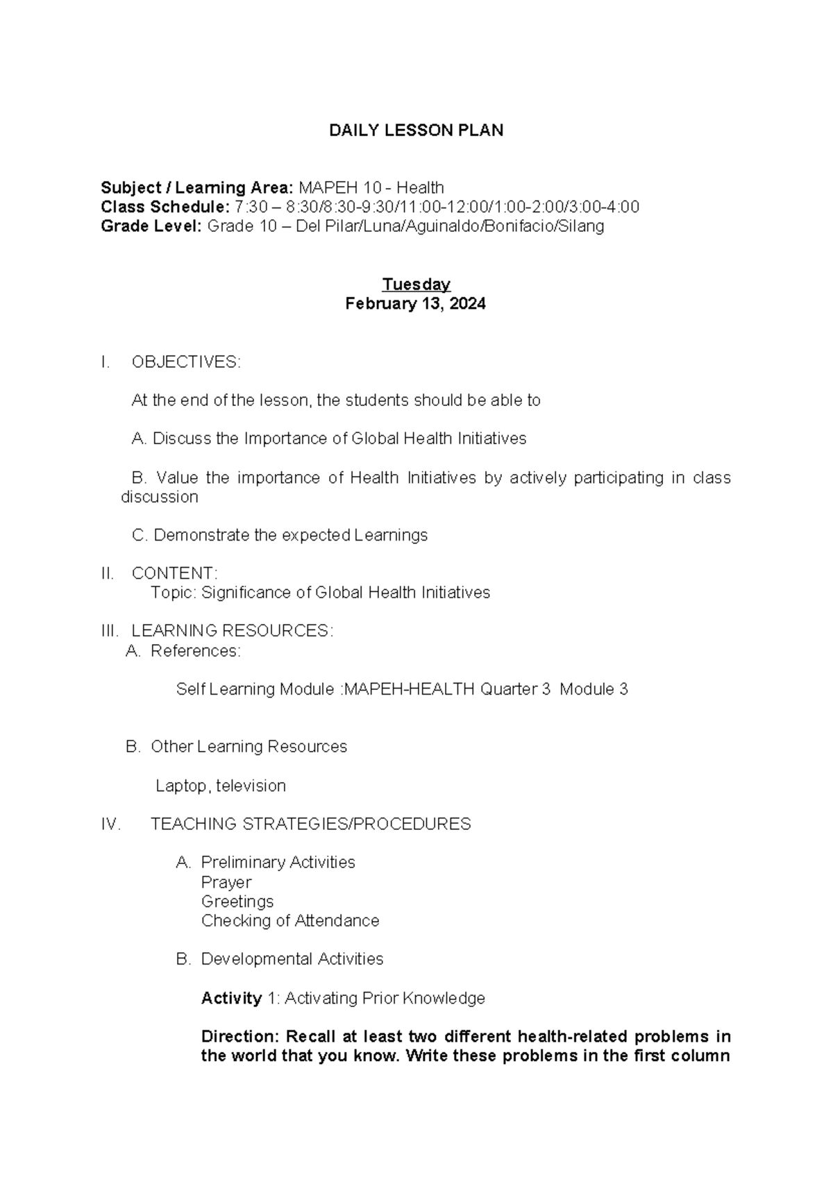 Lesson Plan in Health Lesson 1 - DAILY LESSON PLAN Subject / Learning ...