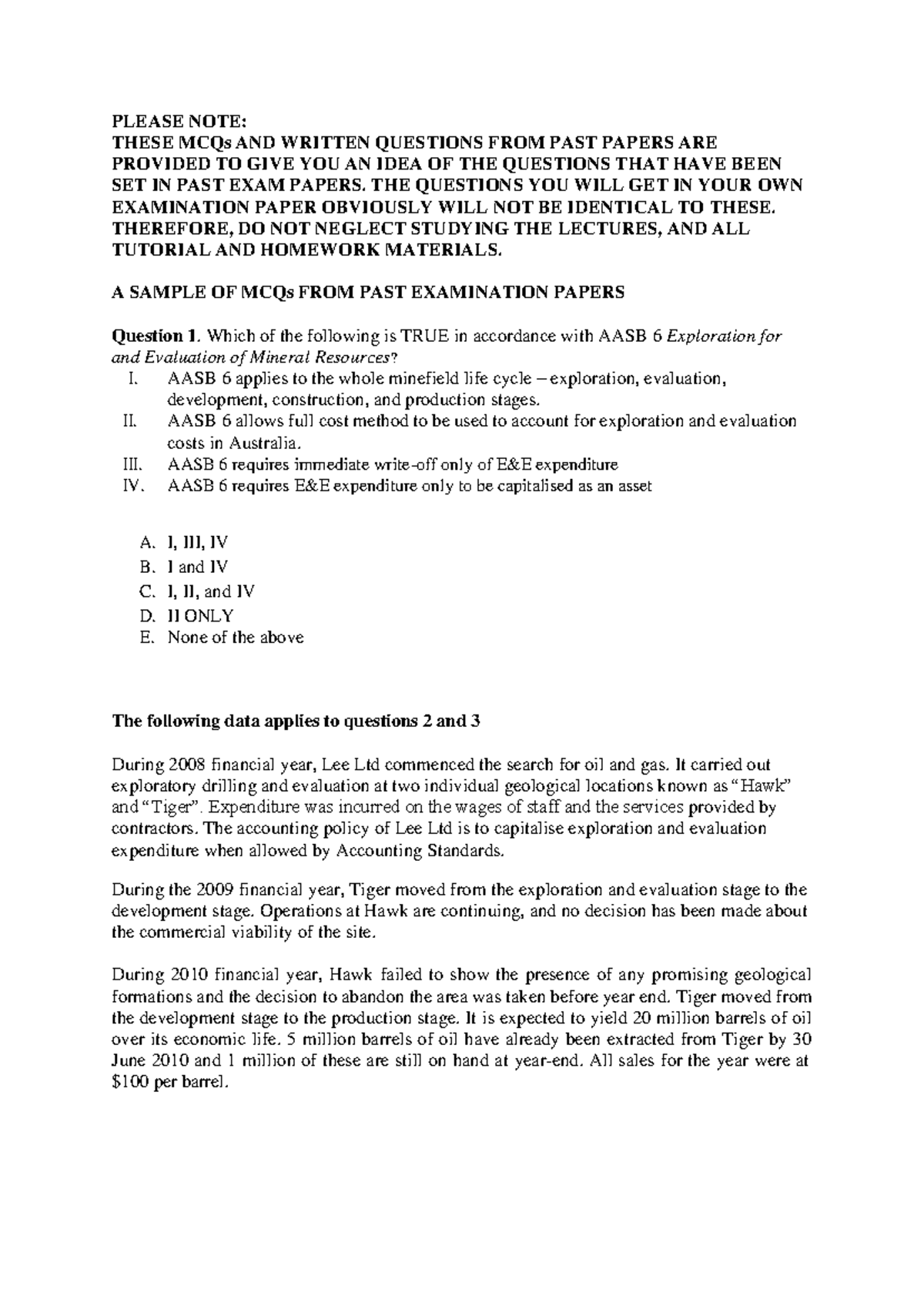 Sample of past exam questions without answers - PLEASE NOTE: THESE MCQs ...