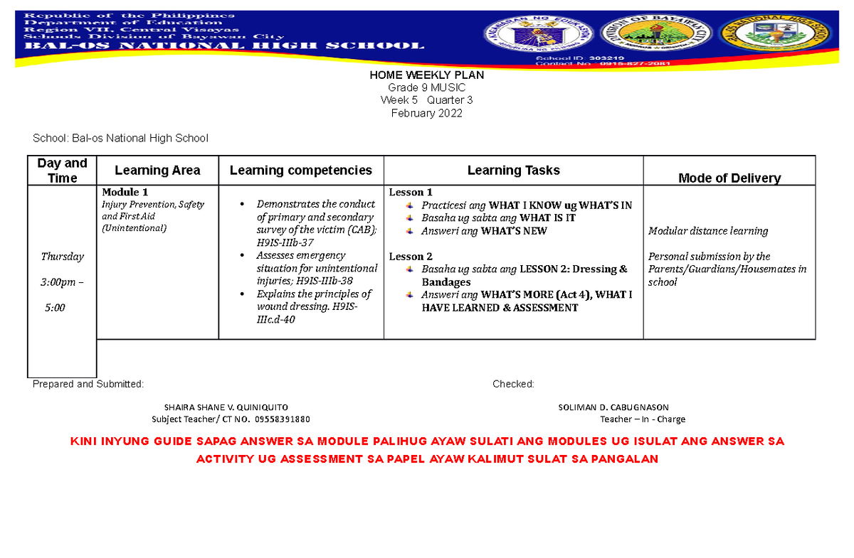 WHLP Health - Weekly plan - HOME WEEKLY PLAN Grade 9 MUSIC Week 5 ...
