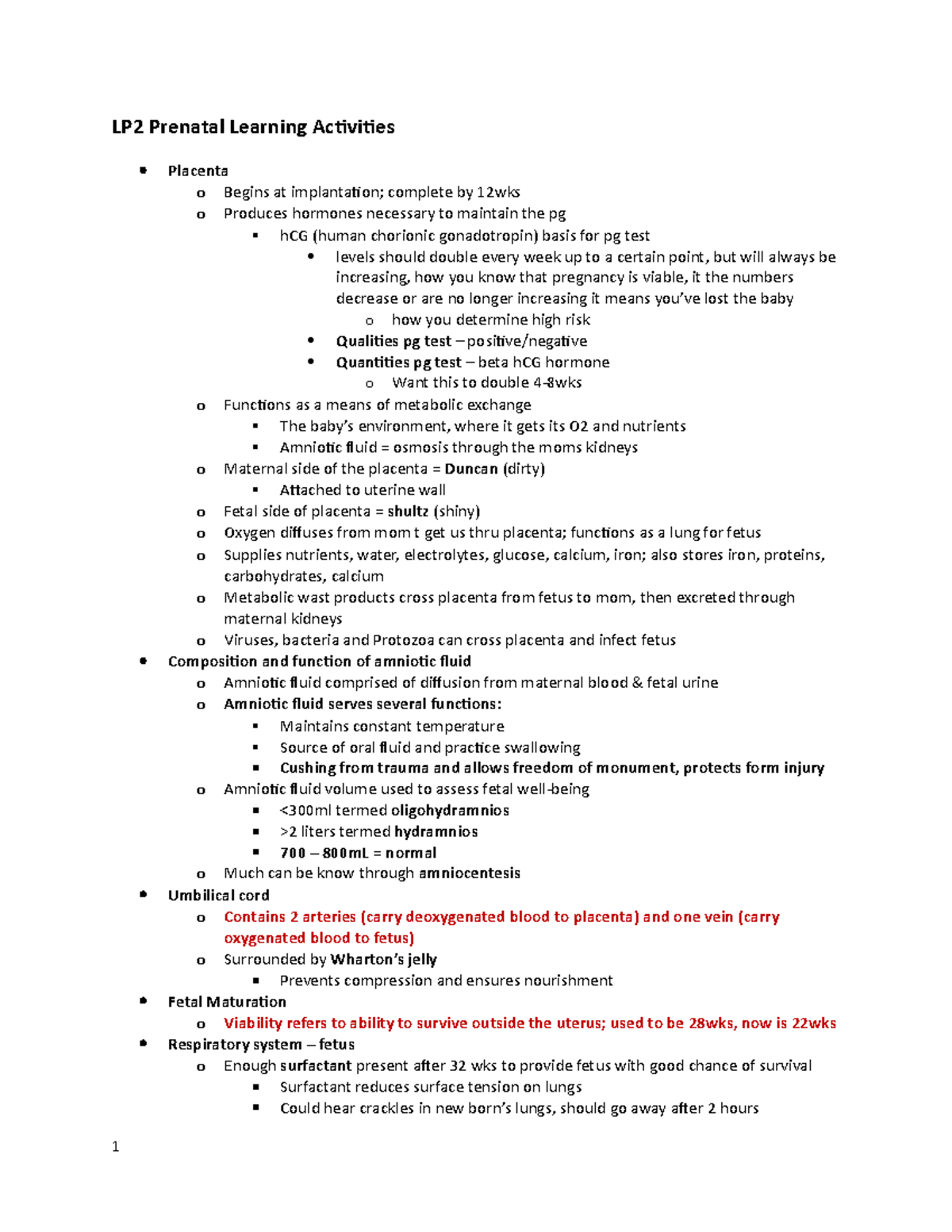 LP2 outline - Learning plan 2 health promotions - LP2 Prenatal Learning Activities Placenta o ...