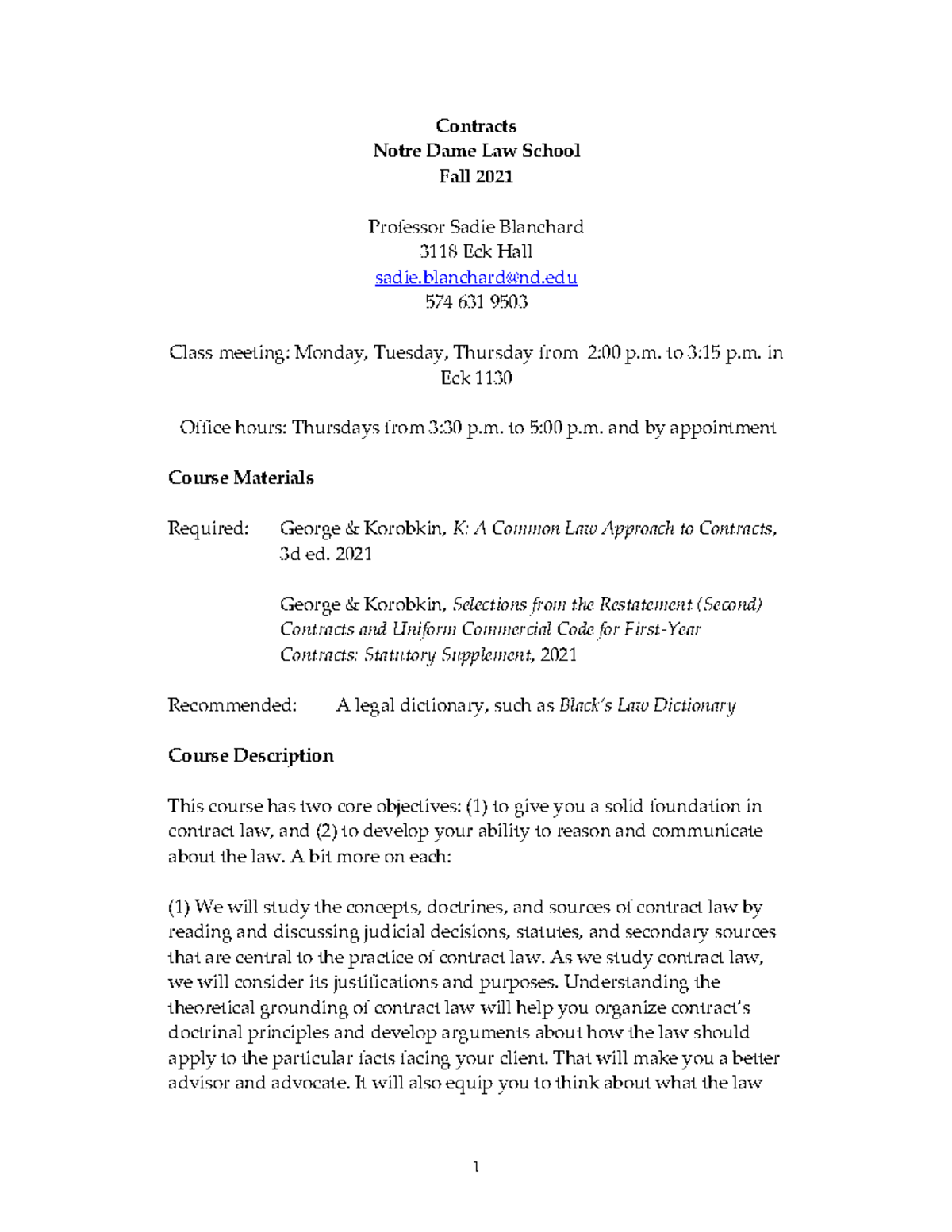 Syllabus Fall 2021 Contracts - LAW 60105 - Notre Dame - Studocu