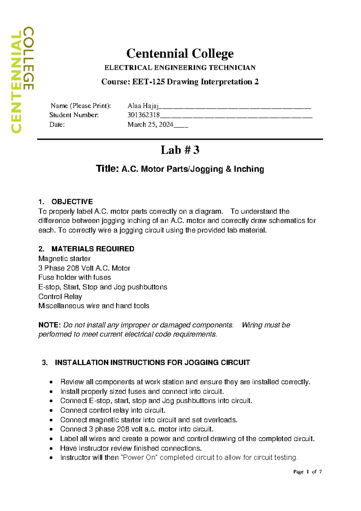 Lab 3 AC Parts Multiple Pushbutton and Jogging Lab - Centennial College ...