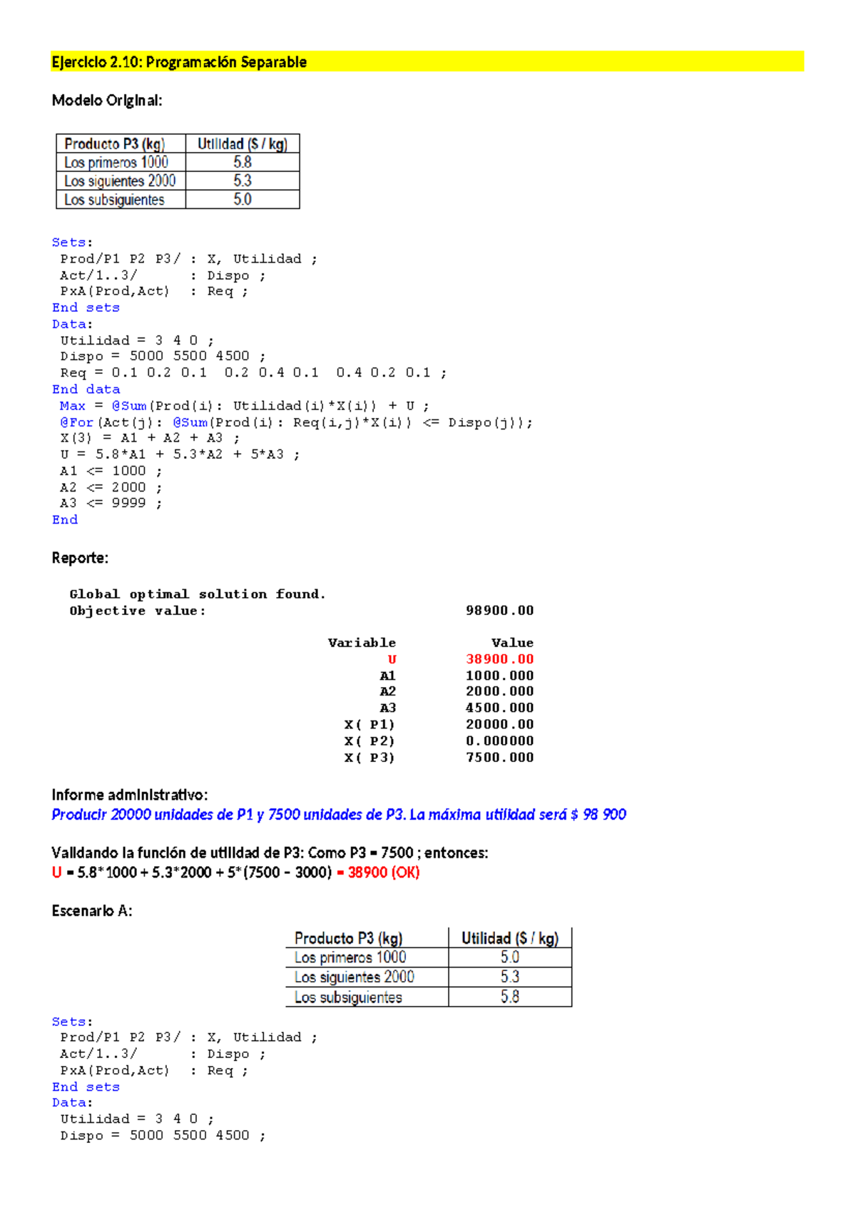 Ejercicio 2 - Ejercicio 2: Programación Separable Modelo Original: Sets ...