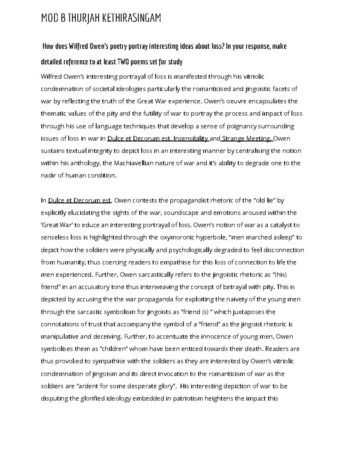 English- Module B Essay Wilfred OWEN - How does Wilfred Owen’s poetry portray interesting ideas ...