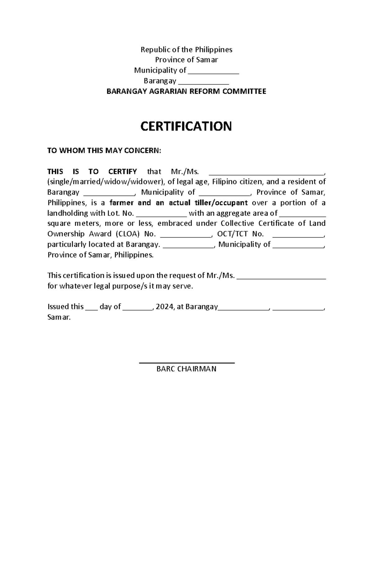 BARC Certificate of Actual Tillage v0 as of 09 - Republic of the ...