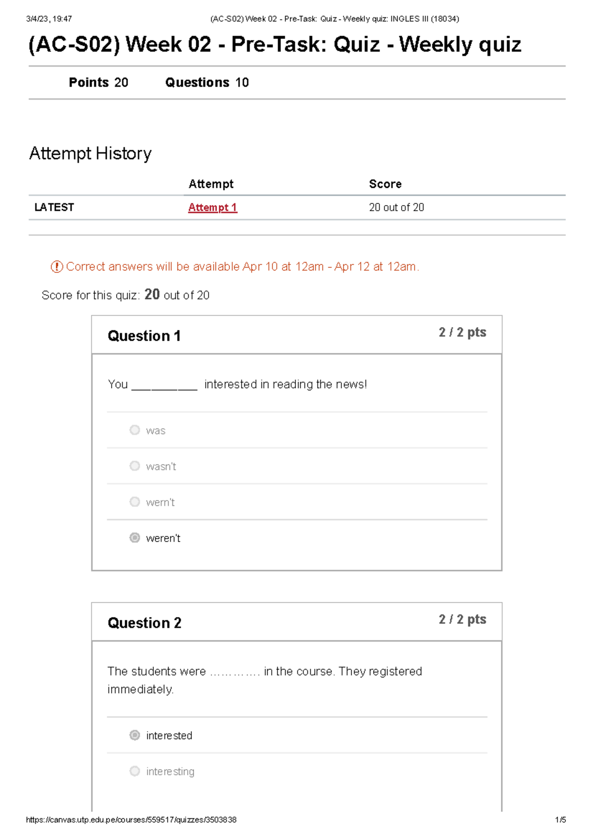 (AC-S02) Week 02 - Pre-Task Quiz - Weekly quiz Ingles III (18034) - (AC ...