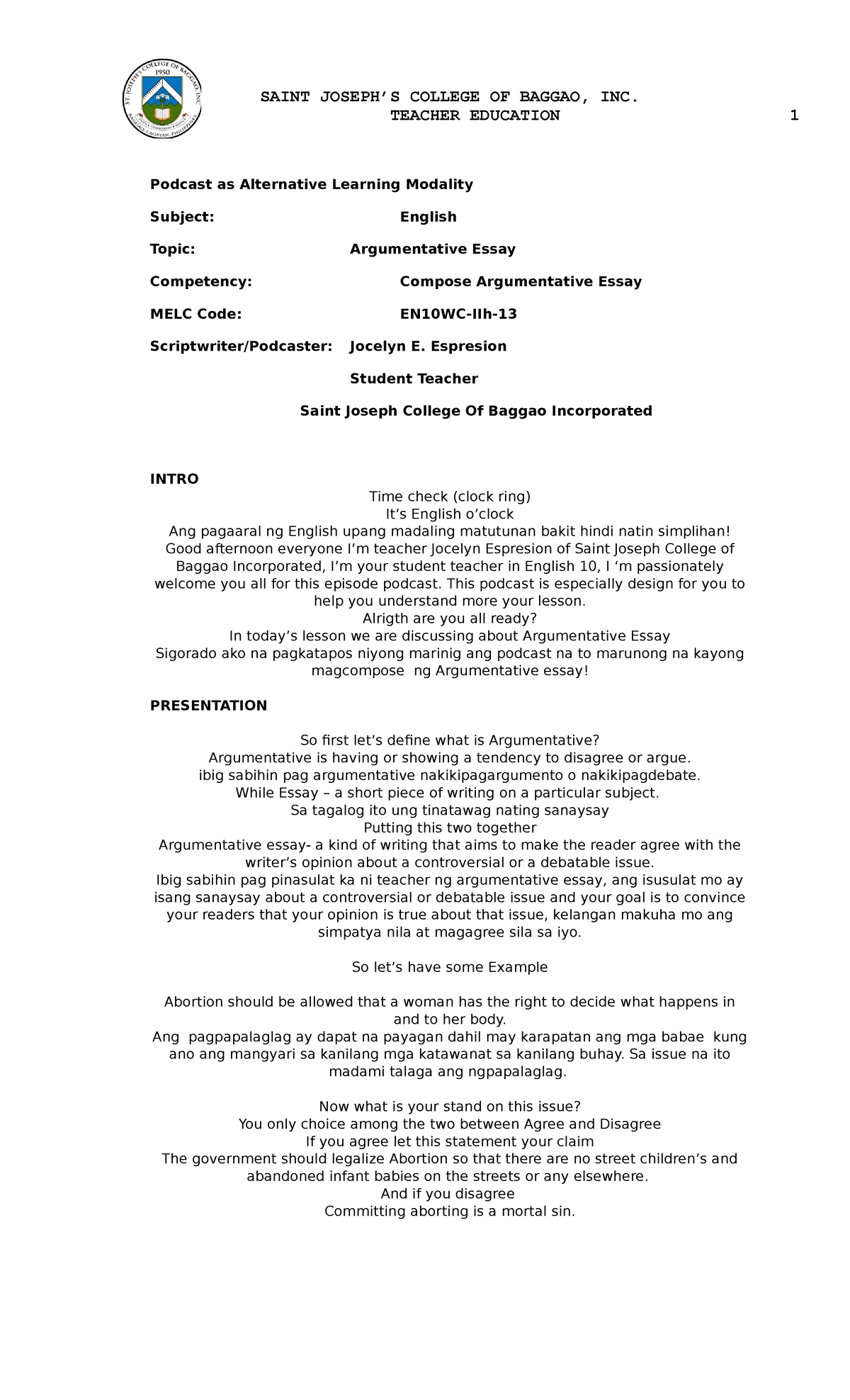 Podcast script - SAINT JOSEPH’S COLLEGE OF BAGGAO, INC. TEACHER ...