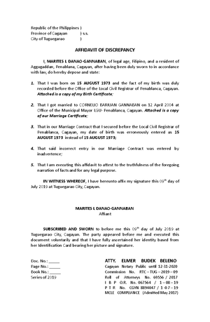 Aff of discrepancy date of birth Mabbayad - Republic of the Philippines ...