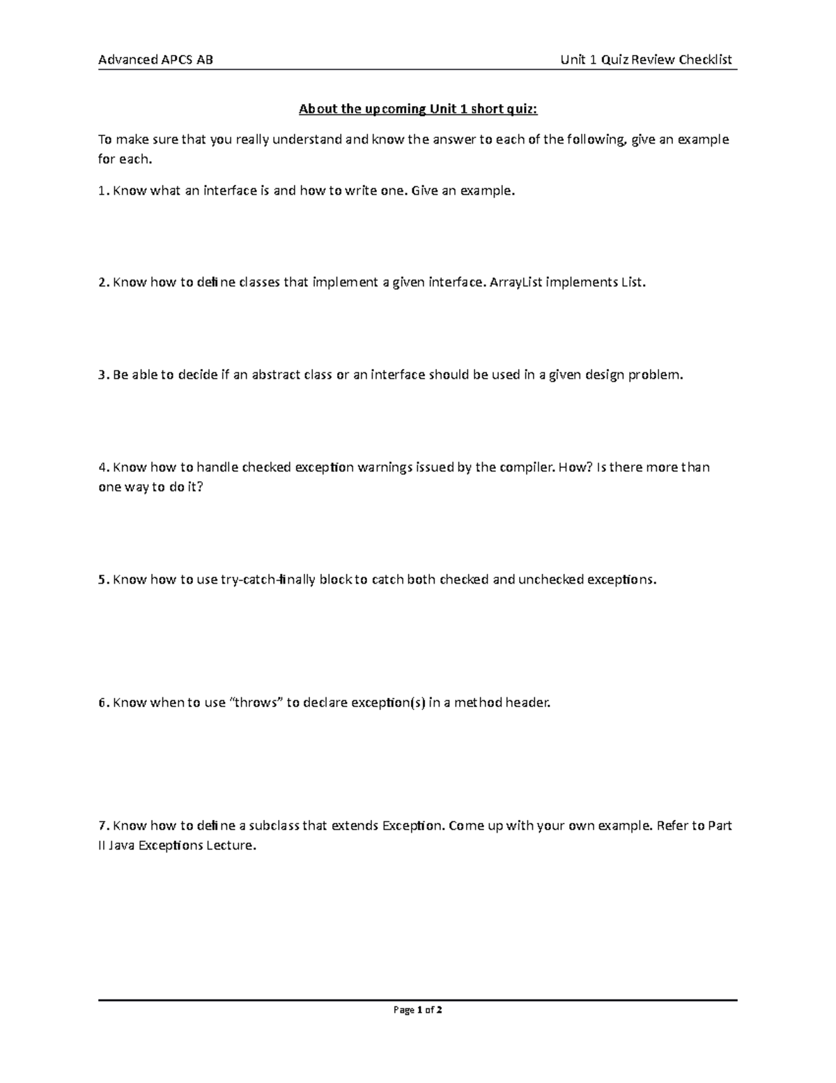 21 22 Unit 1 Quiz Topics Advanced Apcs Ab Unit 1 Quiz Review Checklist To Make Sure That You