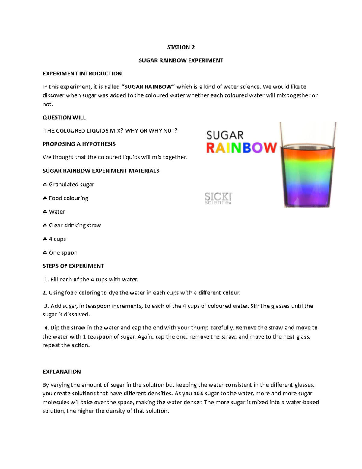 Sugar Rainbow 103600 - Experiment - STATION 2 SUGAR RAINBOW EXPERIMENT ...