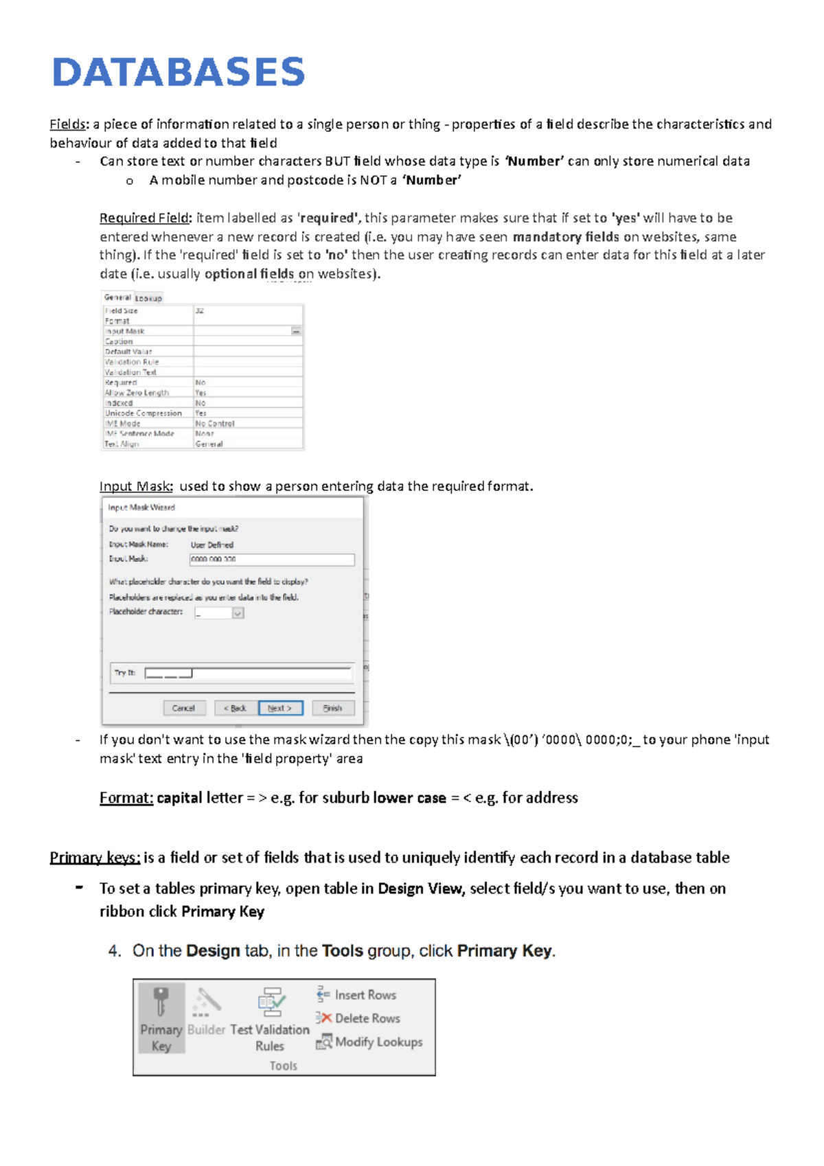 Database Cheatsheet - DATABASES Fields: a piece of information related ...