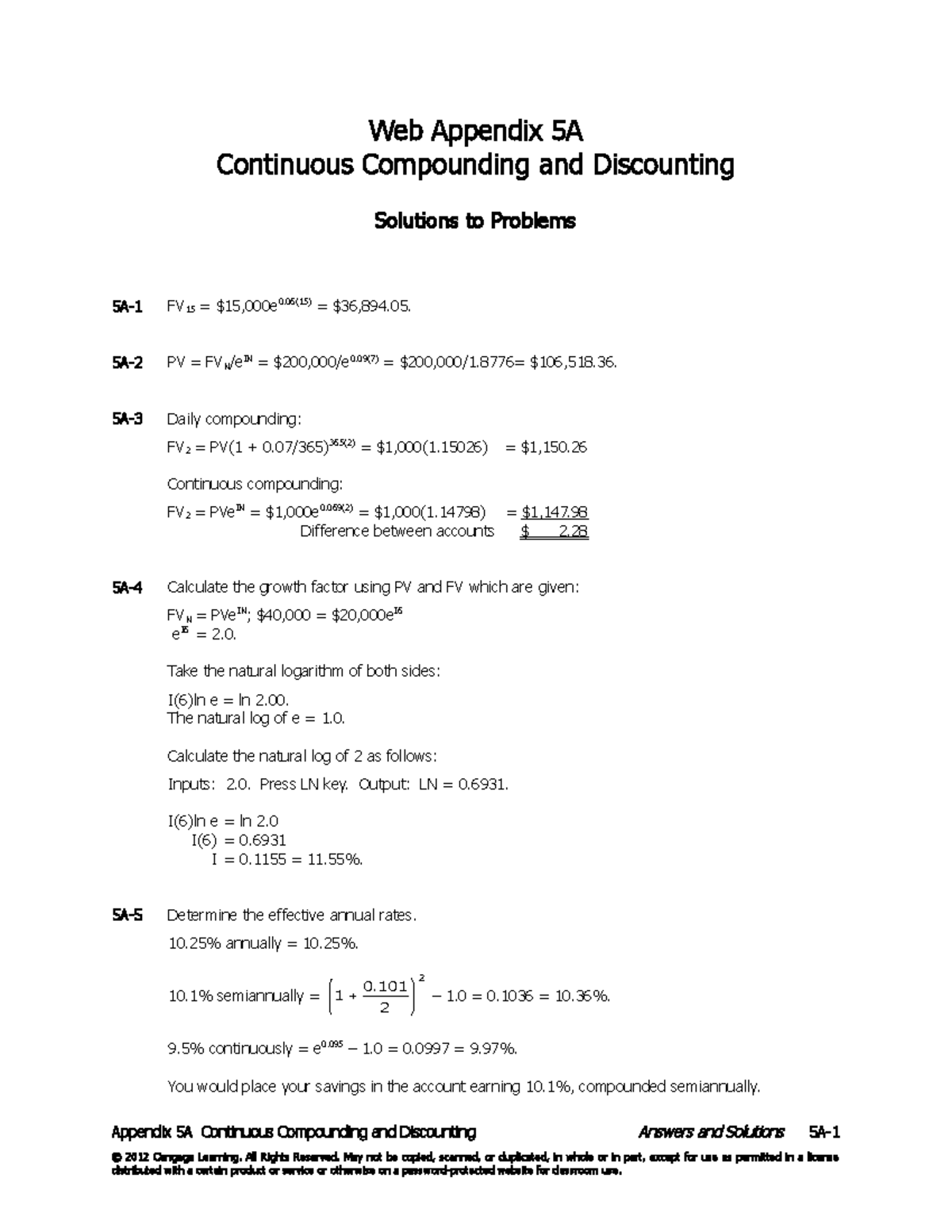 CFFM8 IM WEB 5A - Web Appendix 5A Continuous Compounding and Discounting Solutions to Problems ...