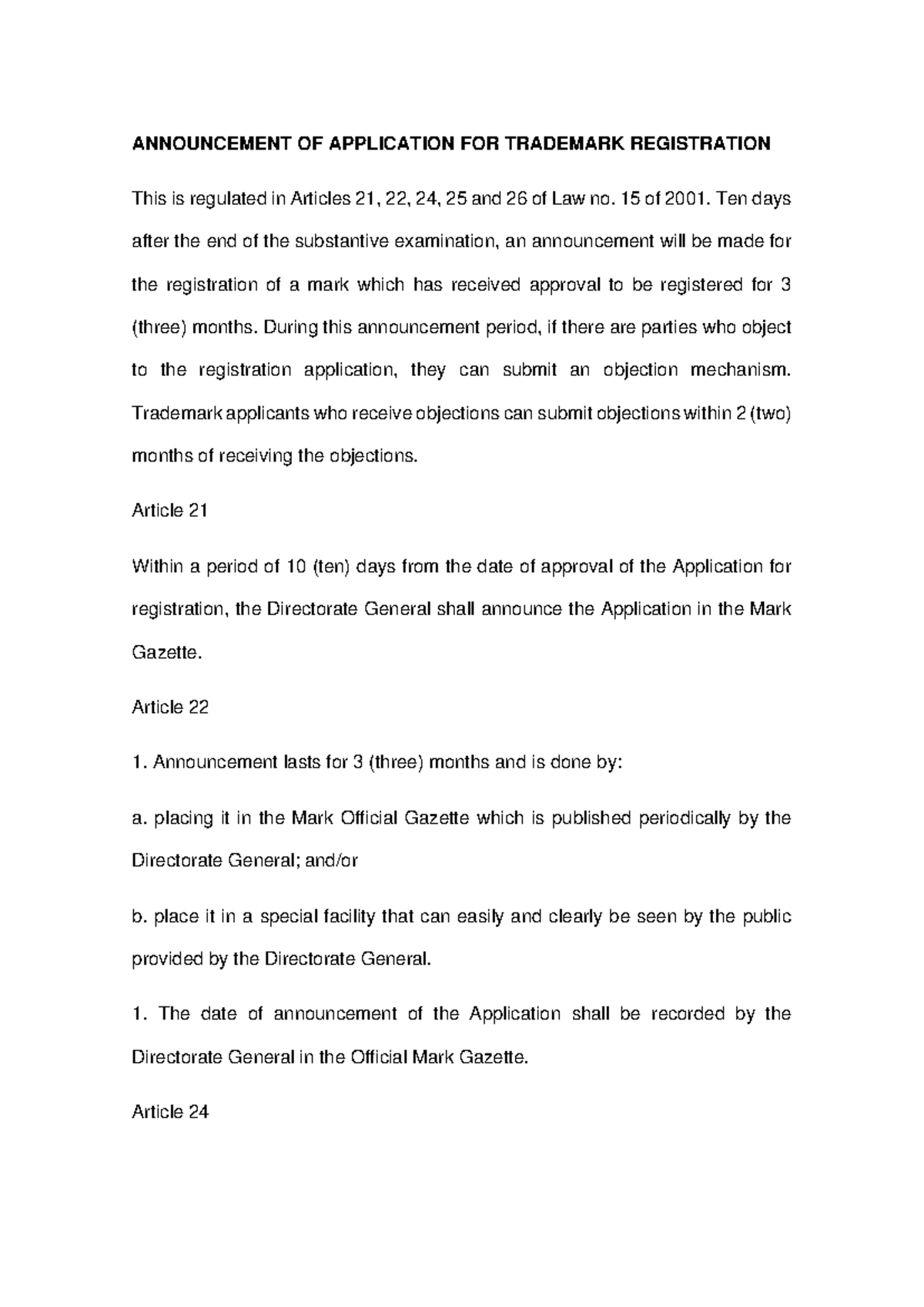 Announcement OF Application FOR Trademark Registration - ANNOUNCEMENT ...