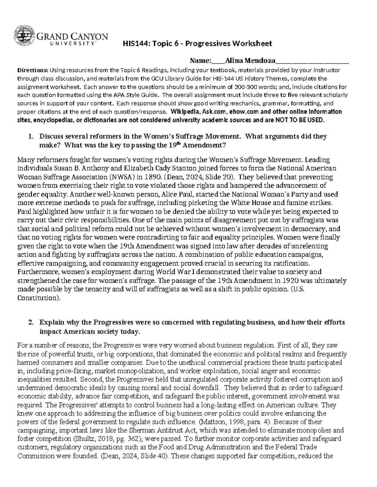 Progressives Worksheet - HIS144: Topic 6 - Progressives Worksheet Name ...