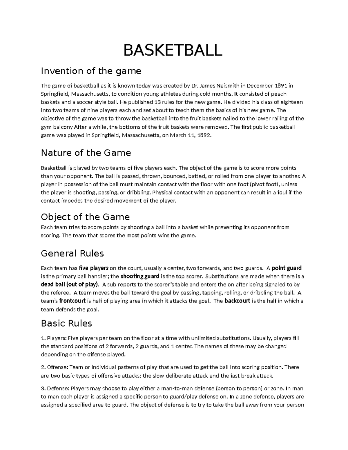 Basketball - BASKETBALL Invention of the game The game of basketball as ...