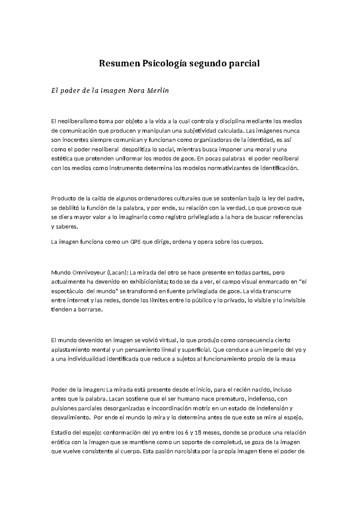 Resumen Psicología segundo parcial - Resumen Psicología segundo parcial El poder de la imagen ...