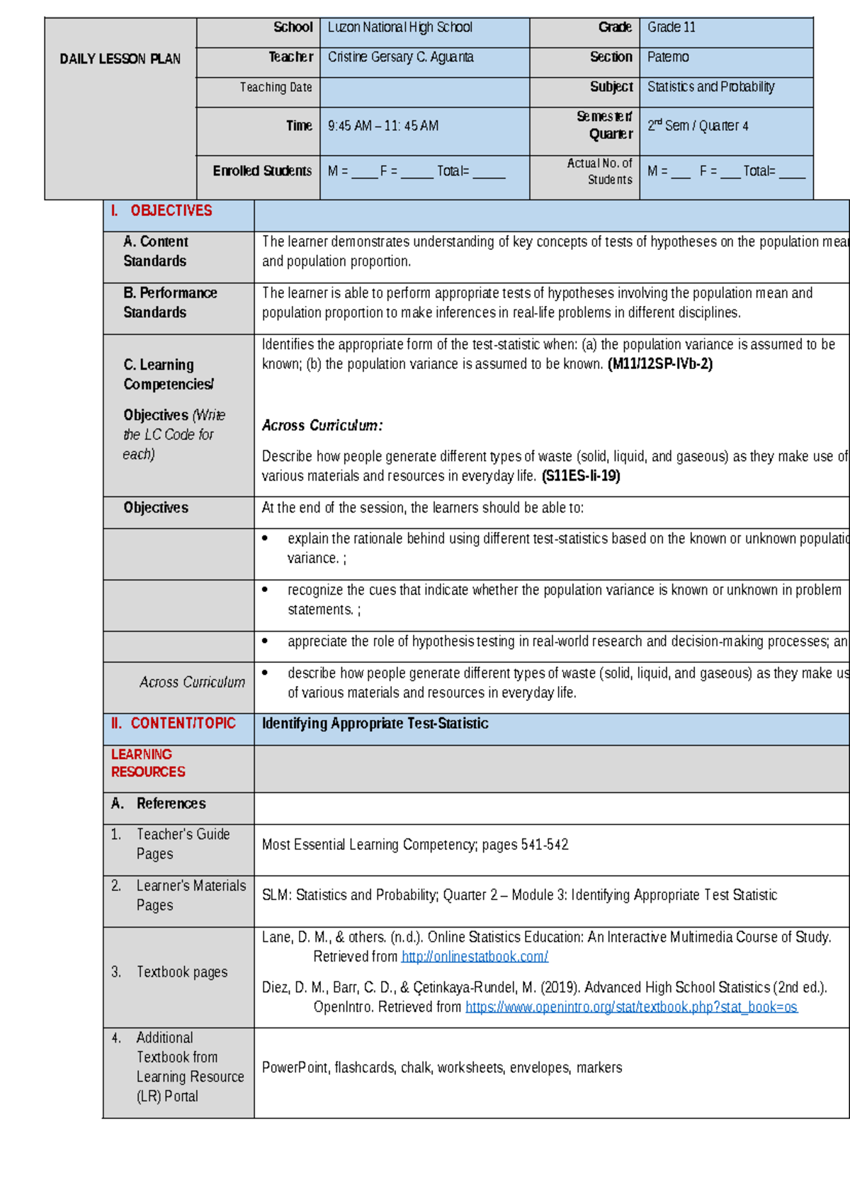 Q4 COT Lesson PLAN Final - I. OBJECTIVES A. Content Standards The ...
