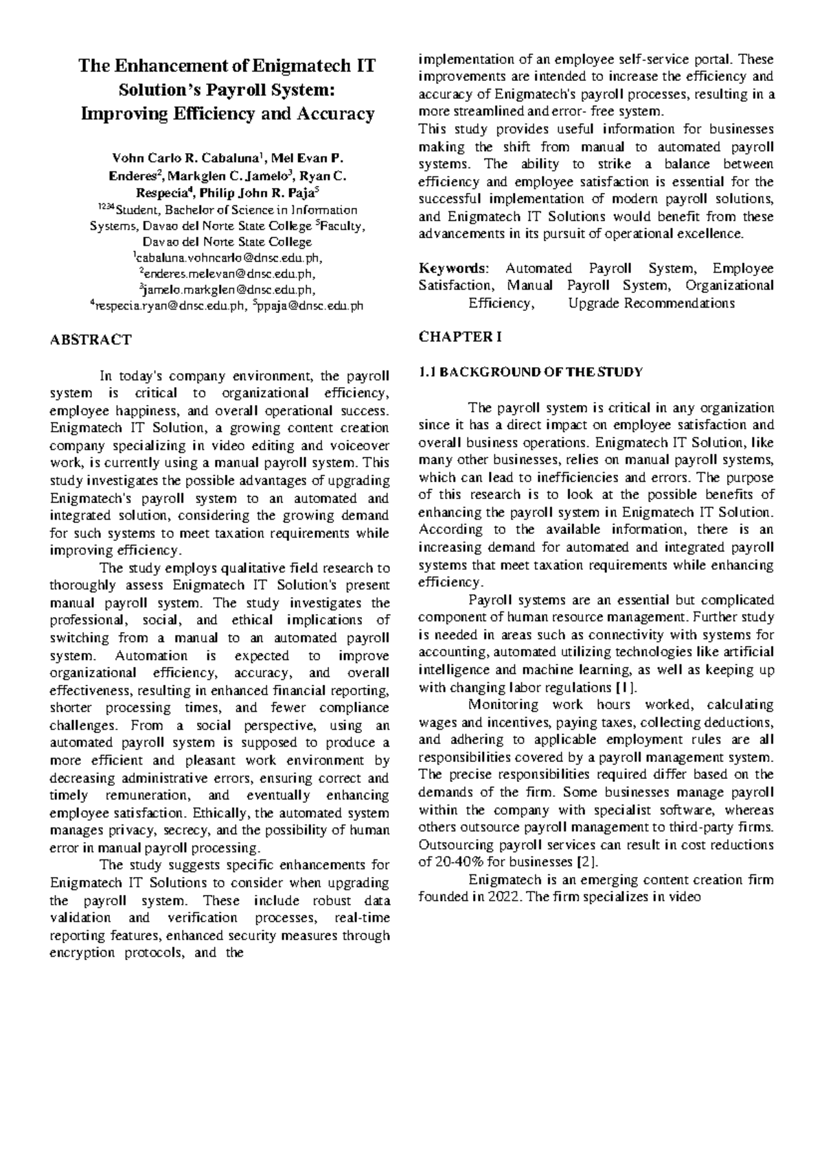 Mel - give us - The Enhancement of Enigmatech IT Solution’s Payroll System: Improving Efficiency ...