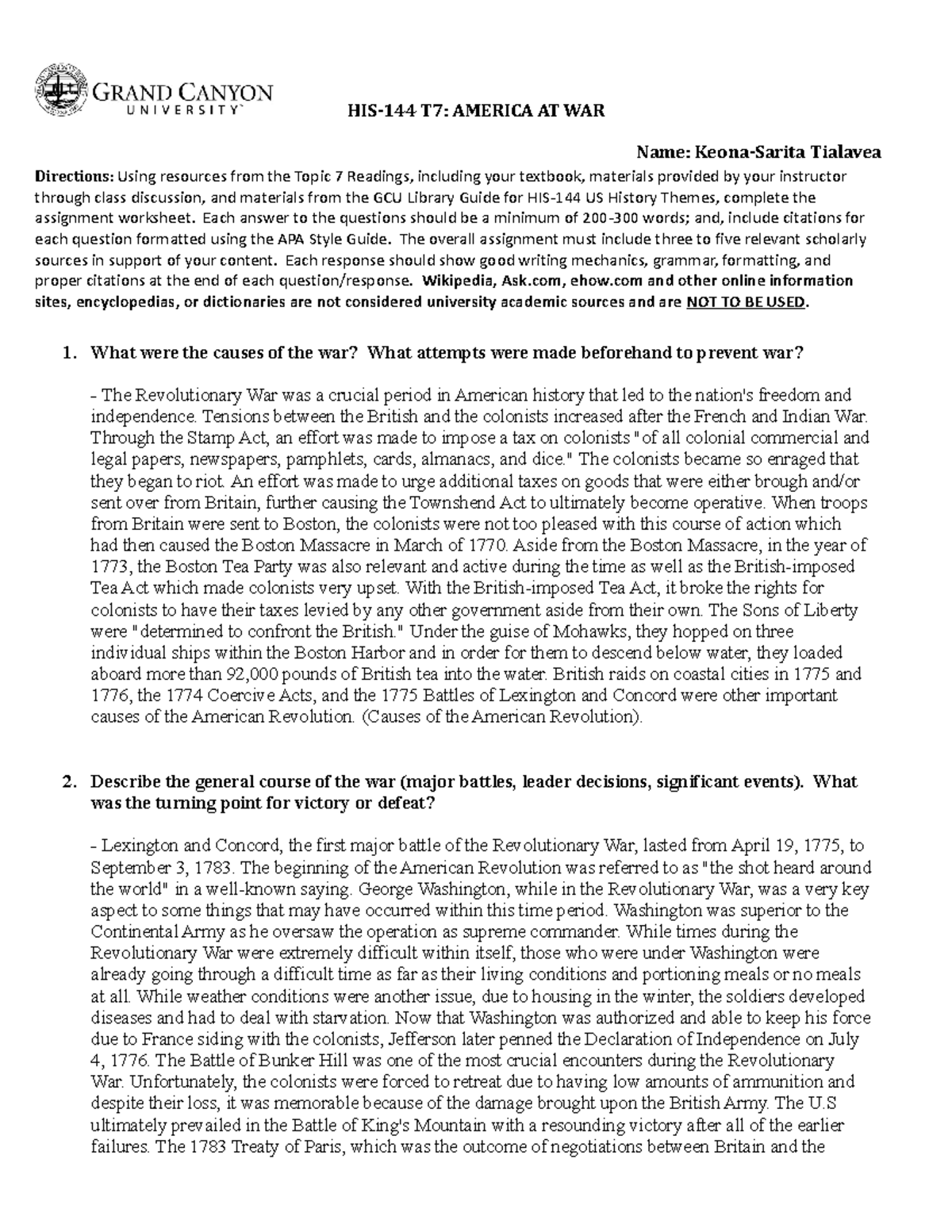 America at War Worksheet - HIS-144 T7: AMERICA AT WAR Name: Keona ...