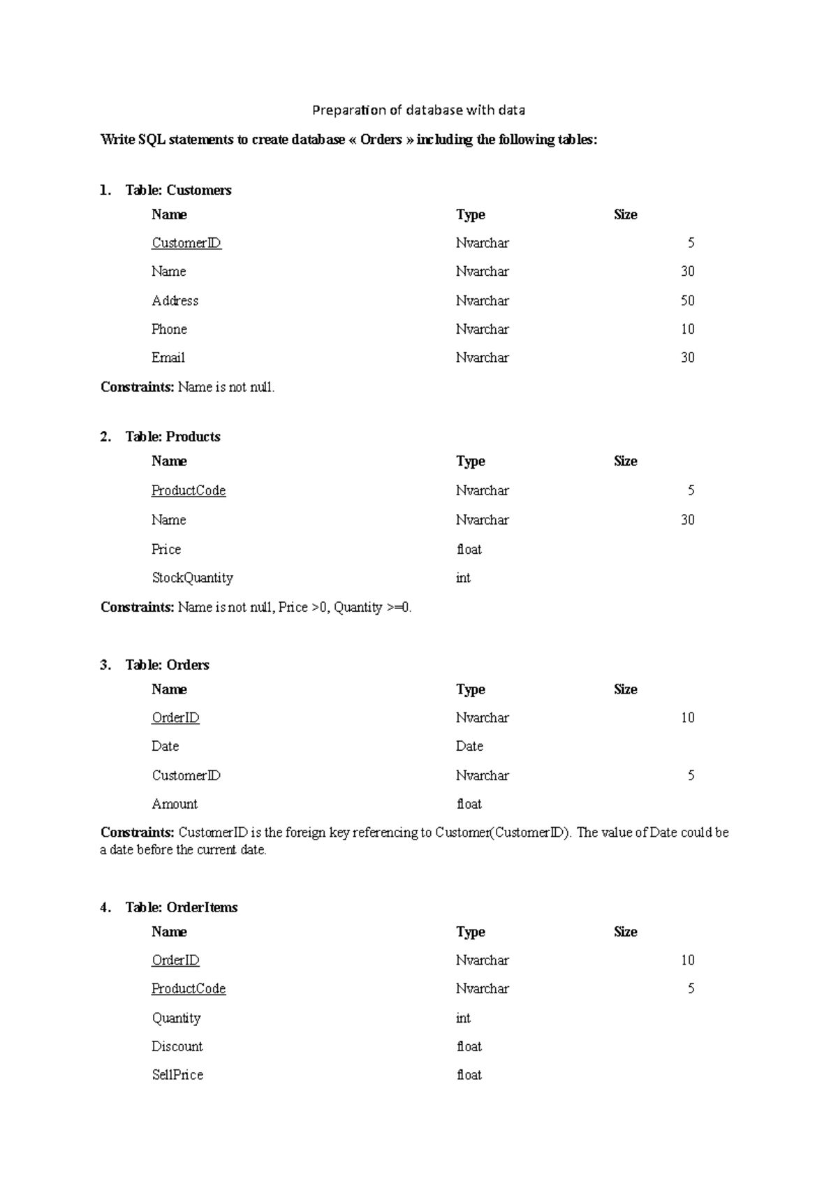 Preparation of Orders database - Preparation of database with data Write SQL statements to ...