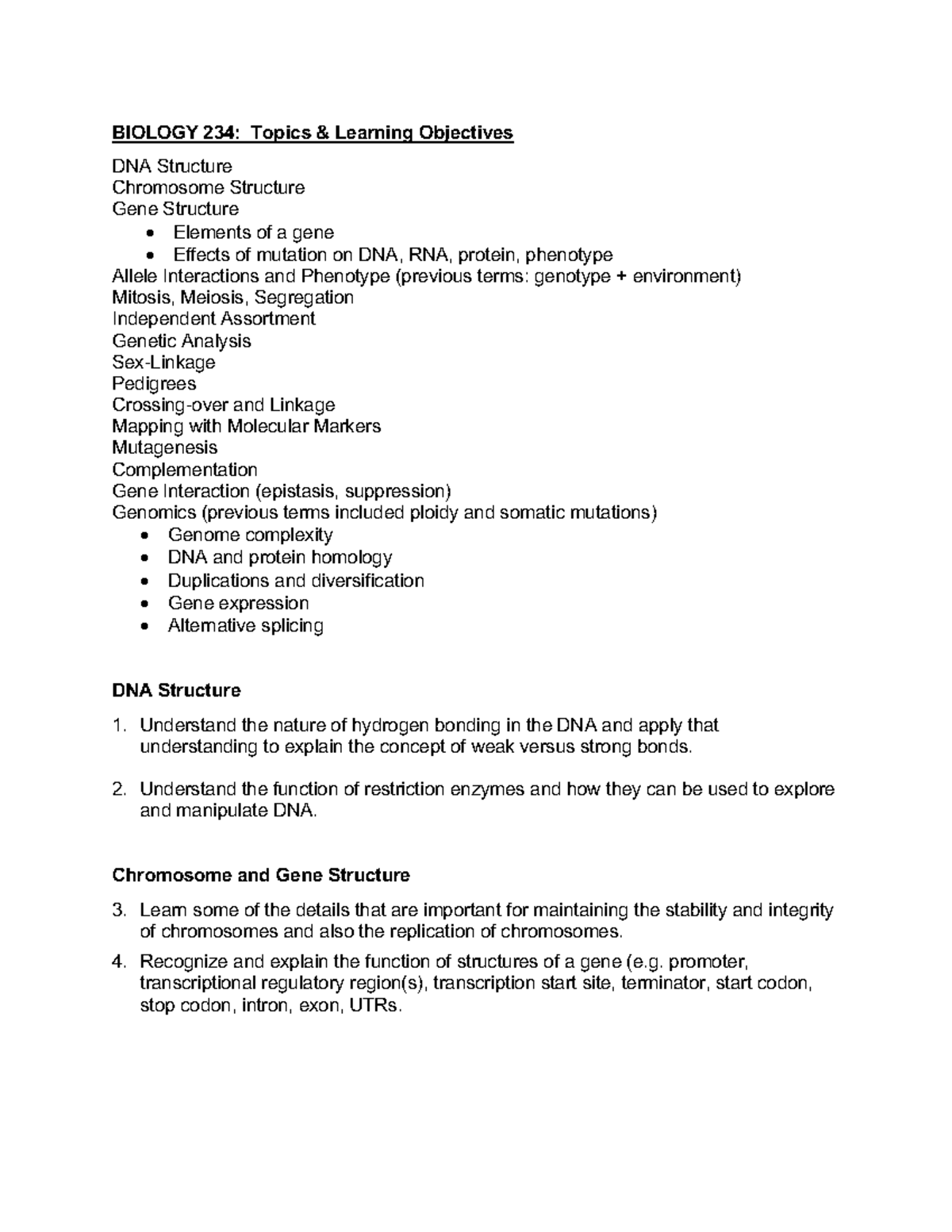 234 Learning Objectives - BIOLOGY 234: Topics & Learning Objectives DNA ...