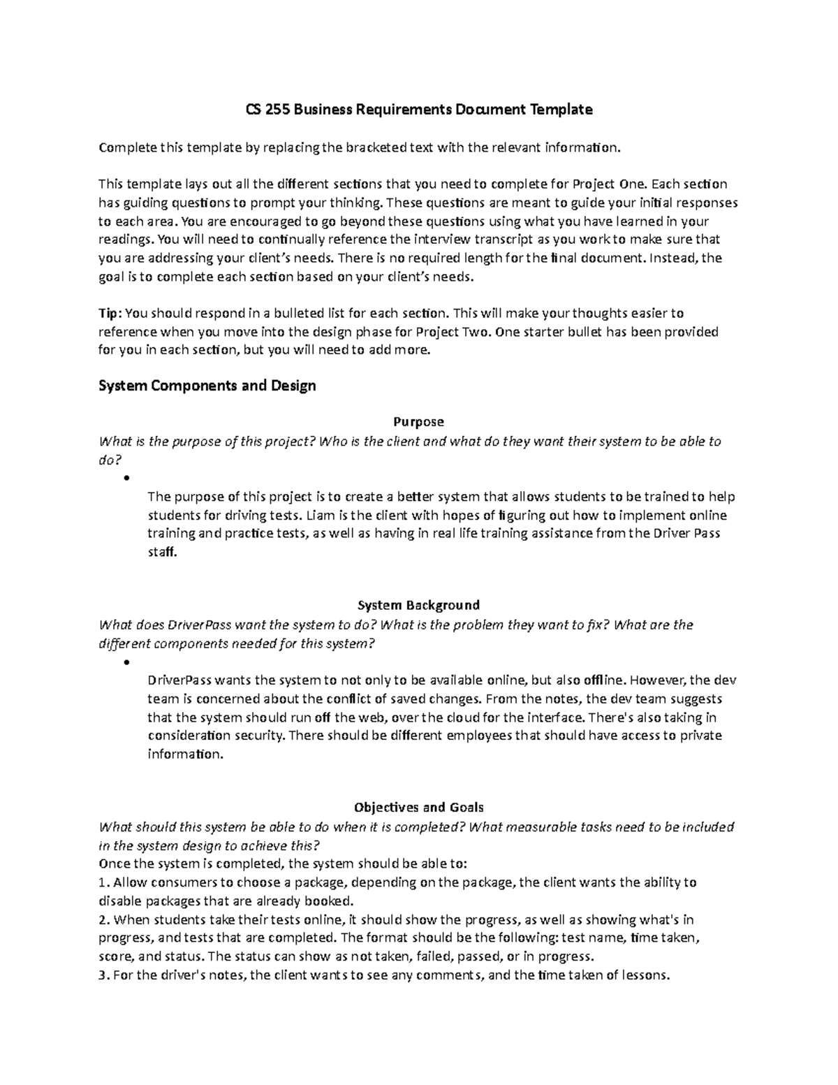 CS-255 Business Requirements - This template lays out all the different sections that you need ...