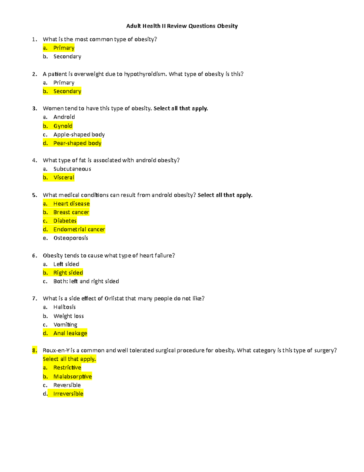 Obesity Answers - Adult Health II Review Questions Obesity What is the ...