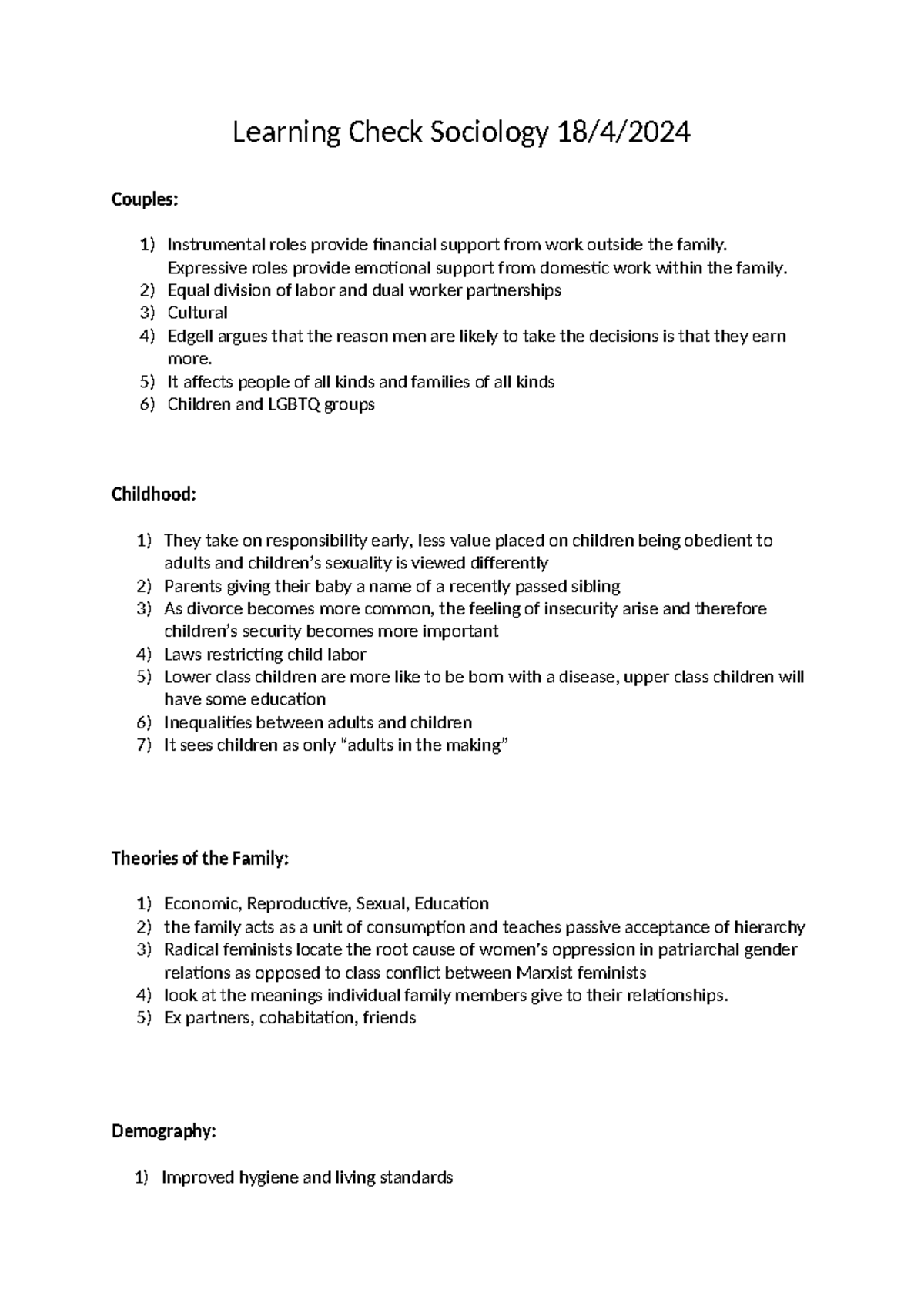 Sociology Notes on Family Topic - Learning Check Sociology 18/4 ...