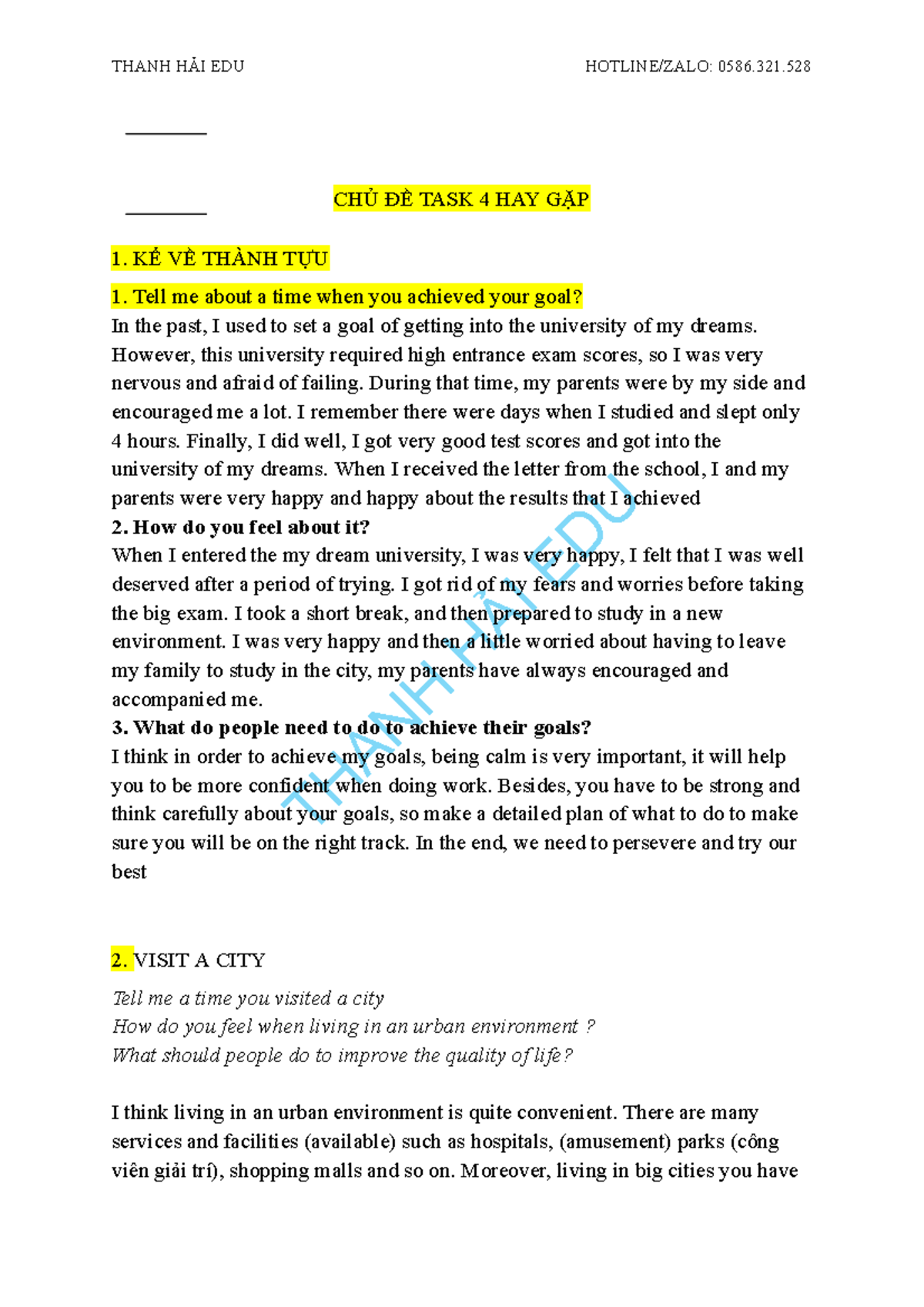 Task 4 - Phhh - THANH HẢI EDU CHỦ ĐỀ TASK 4 HAY GẶP 1. KỂ VỀ THÀNH TỰU ...