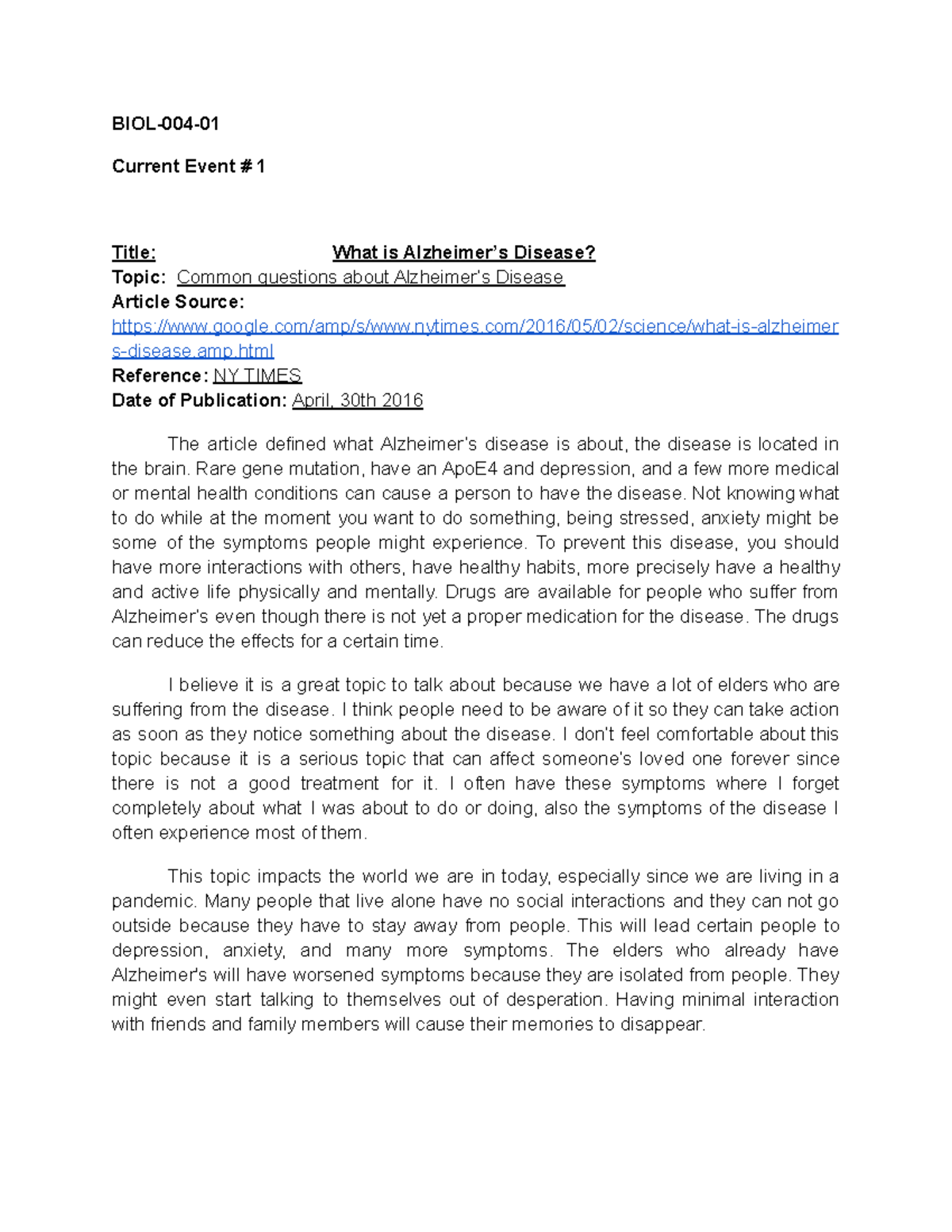 Human Biology- Current Event Assignments - BIOL-004- Current Event # 1 ...