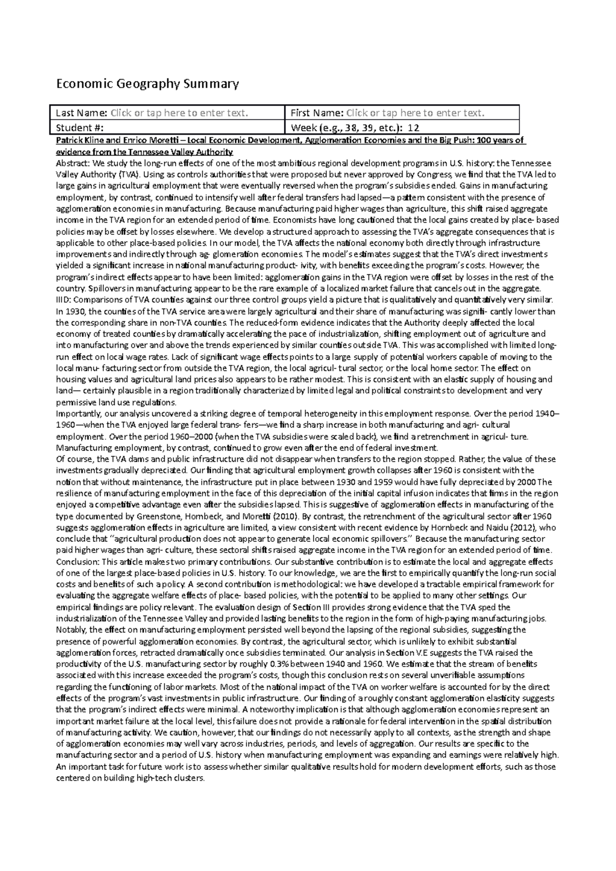 Summary 4 EG - Week 4 - Economic Geography Summary Last Name: Click or ...