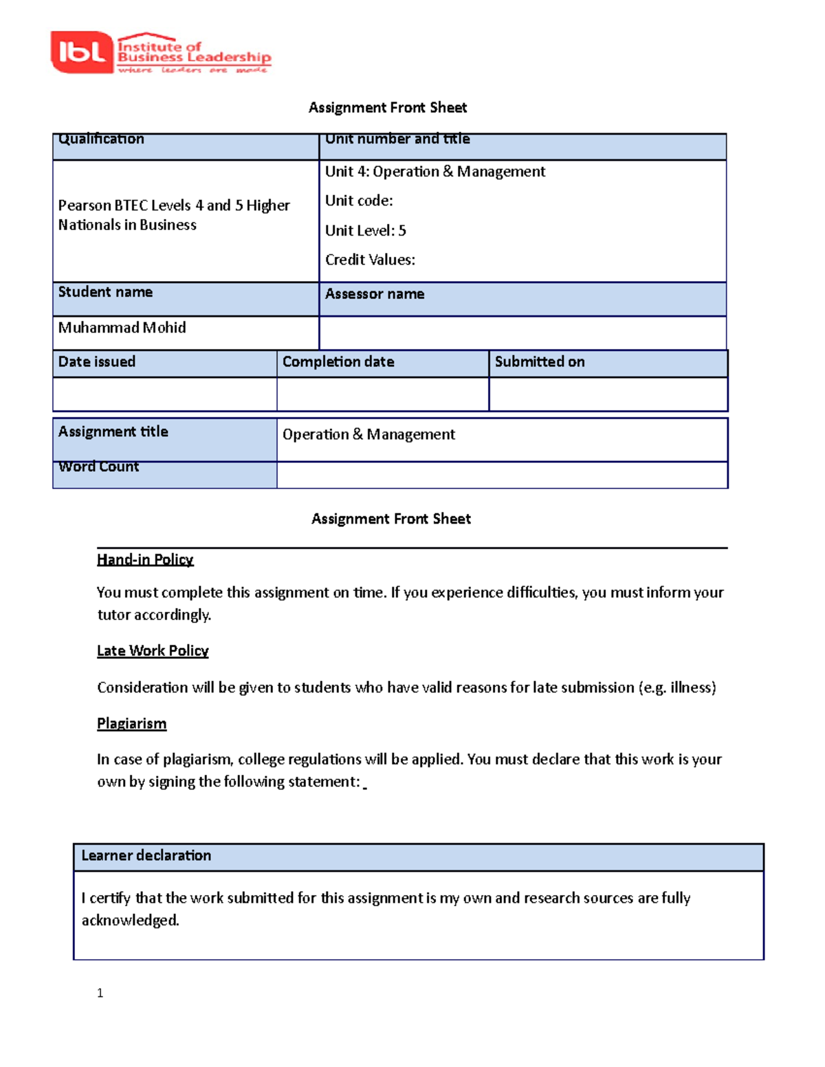 Unit 4 Operation & Management Level 5 HND - Assignment Front Sheet ...