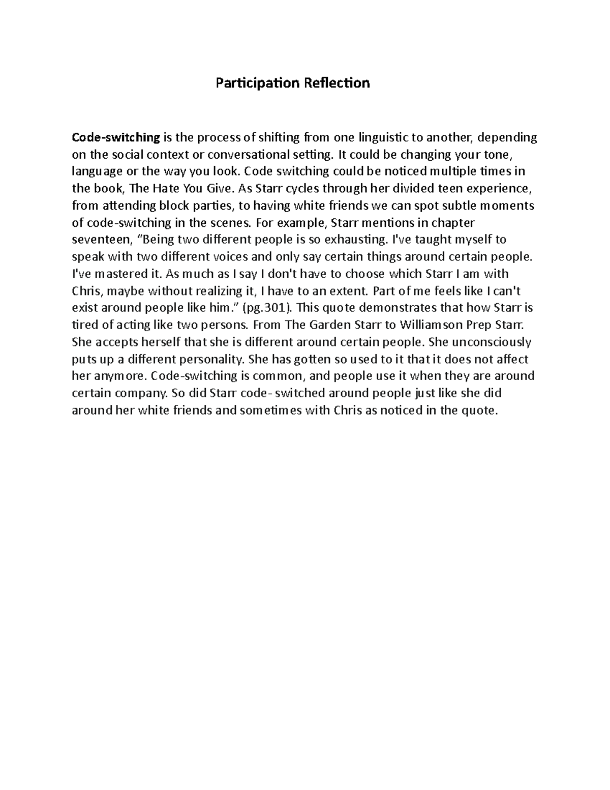 Participation Reflection - Participation Reflection Code-switching is ...