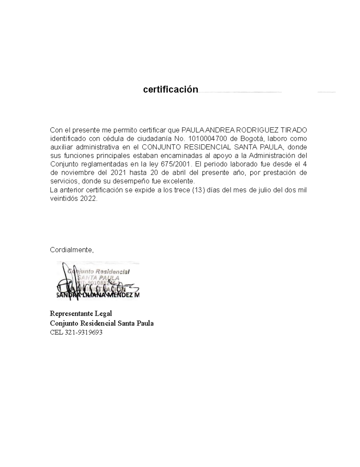 Certificación - PAULA ANRE - certificación Con el presente me permito ...