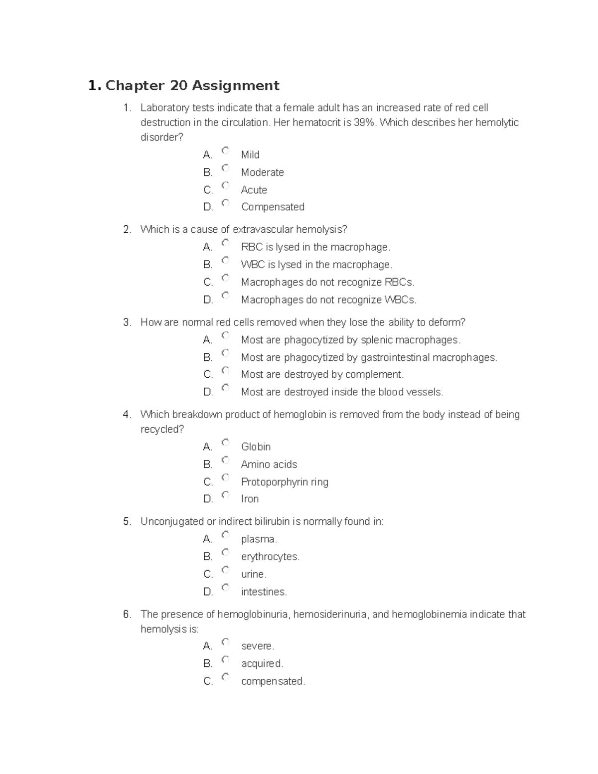 Chapter 20 Assignment - 1 20 Assignment Laboratory tests indicate that ...