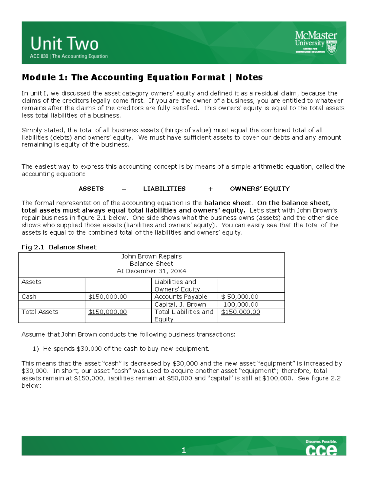 Unit2-Module 1-Notes - ACC925 - 1 Module 1: The Accounting Equation ...
