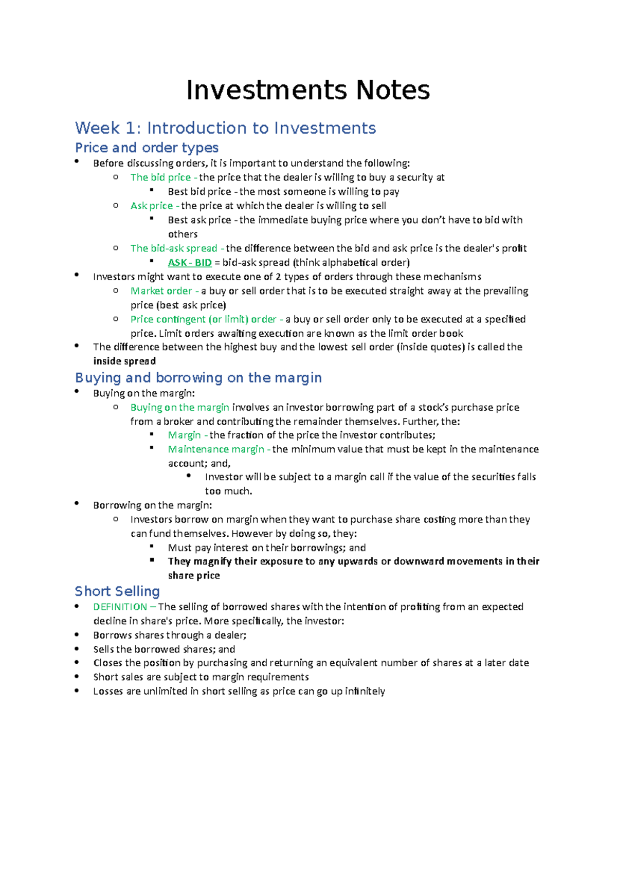 Finals Notes - Investments Notes Week 1: Introduction to Investments ...