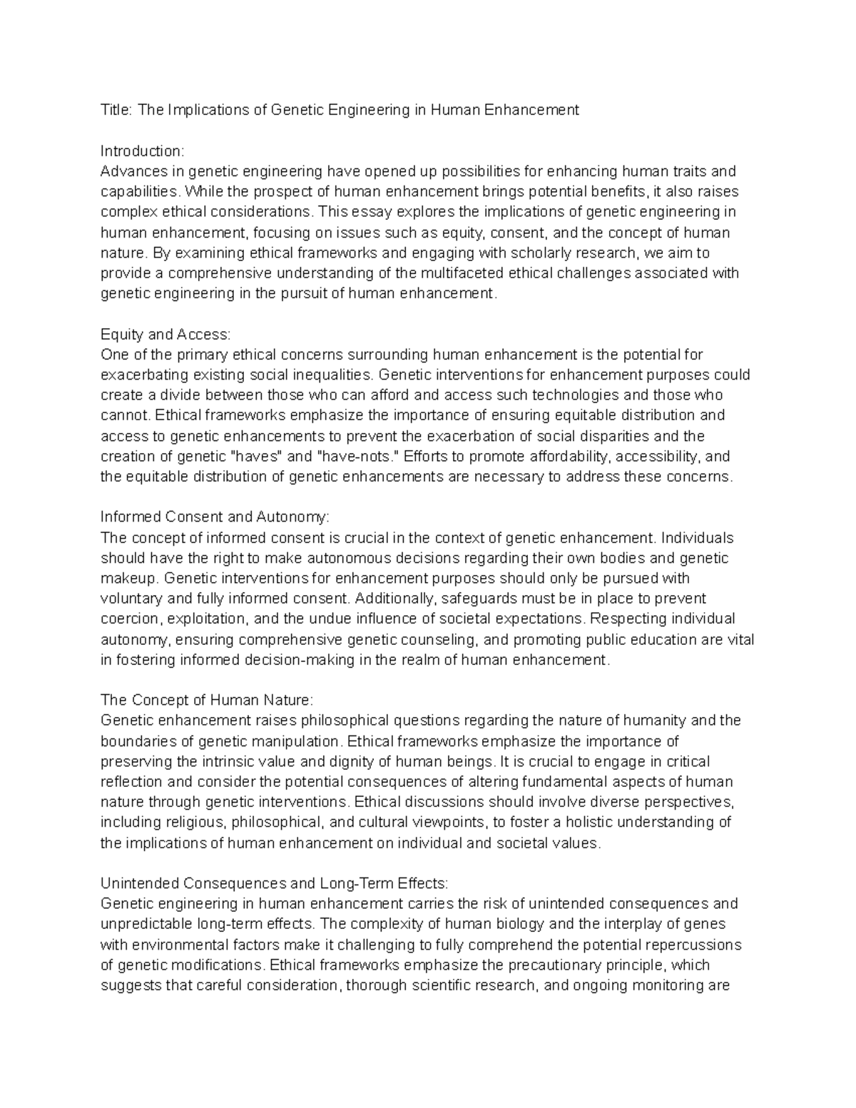 Title The Implications of Genetic Engineering in Human Enhancement ...