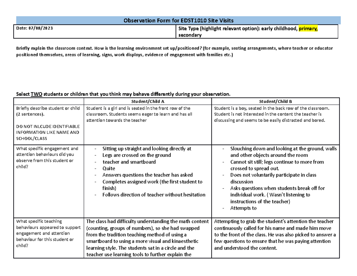 EDST1010 Site Visit Observation Form 01082023 - Observation Form for ...