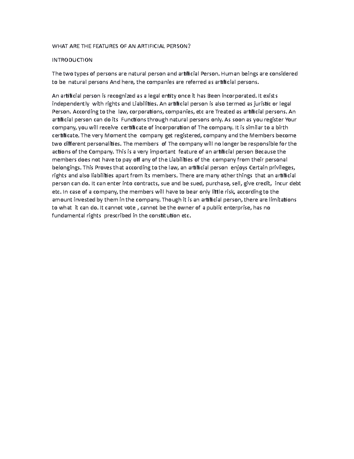 CRA 4 - Notes - WHAT ARE THE FEATURES OF AN ARTIFICIAL PERSON ...