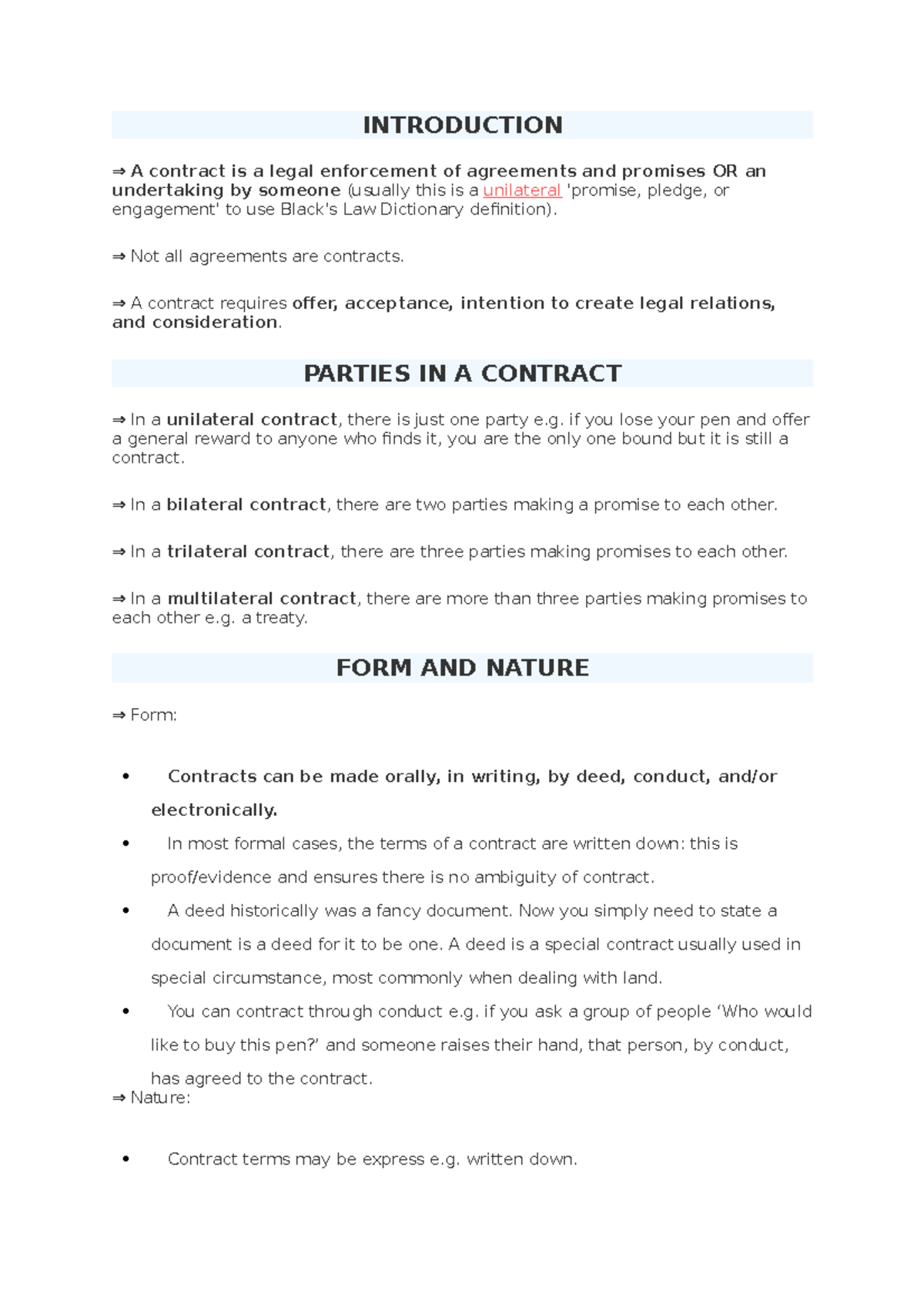 Contract 1 - INTRODUCTION ⇒ A contract is a legal enforcement of ...