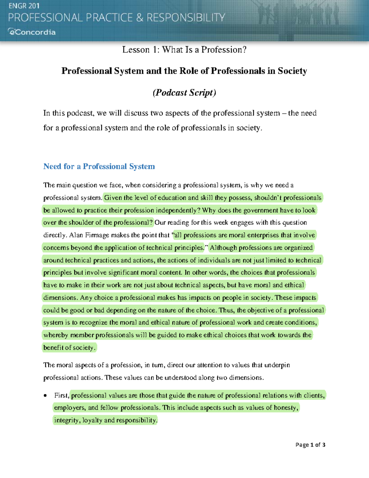 Lesson 1Podcast 2Transcript ENGR 201 - Page 1 of 3 Lesson 1: What Is a Profession? Professional ...