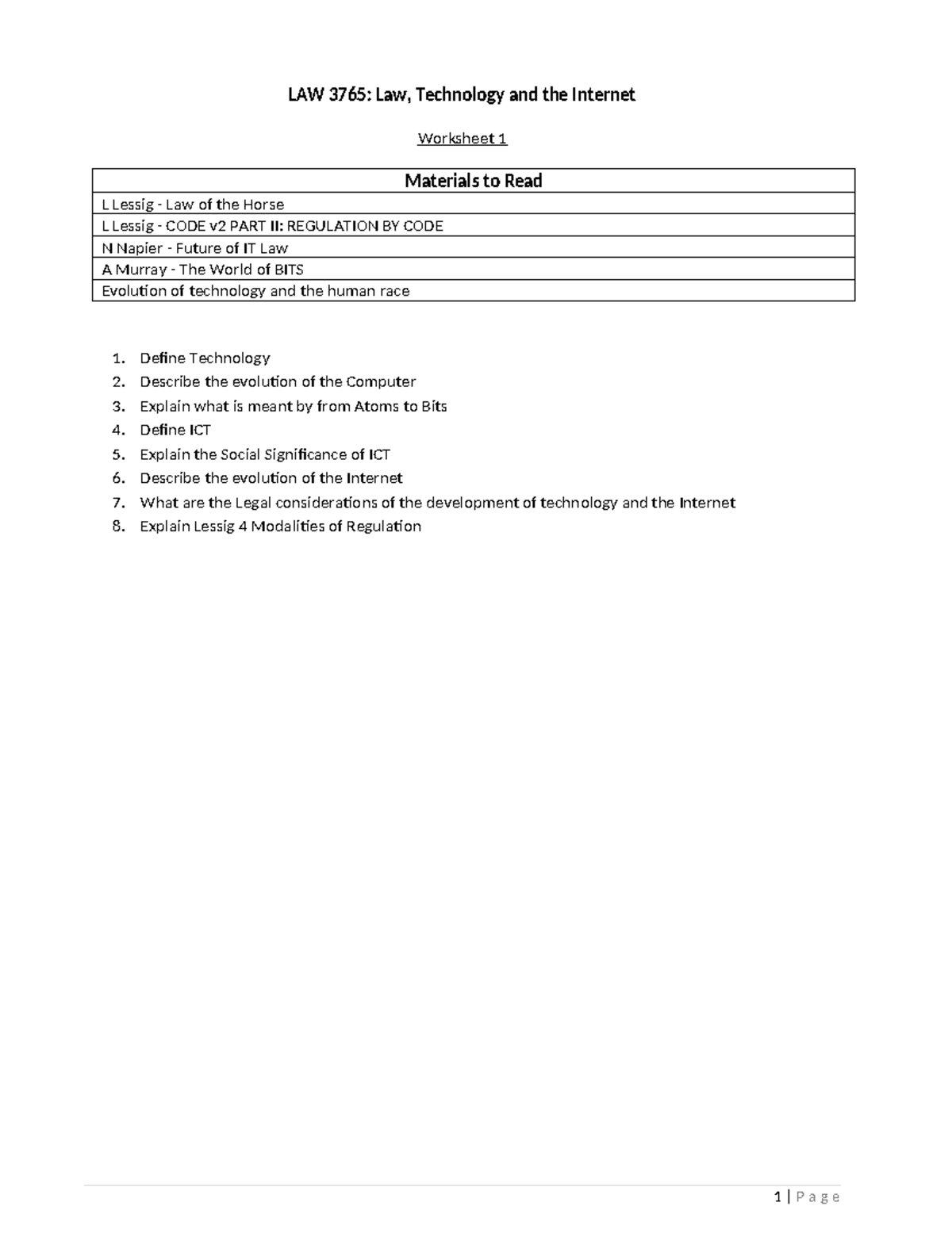 Law3765 Worksheet 1 - 2024-2025 - LAW 3765: Law, Technology and the ...